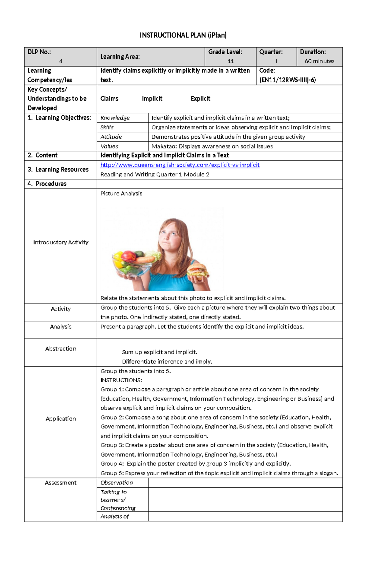Implicit and explicit lesson plan (Autosaved) - INSTRUCTIONAL PLAN ...