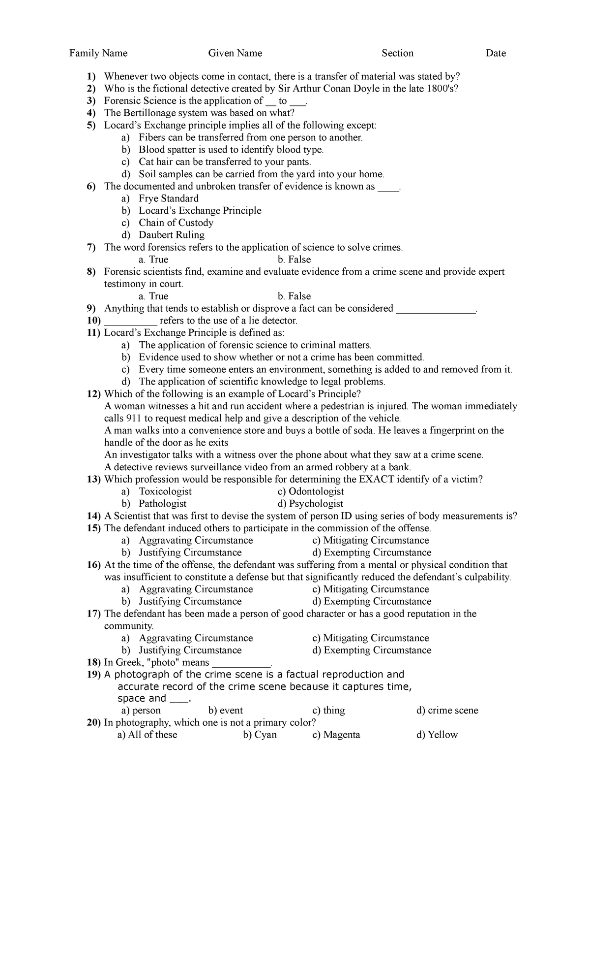 Forensic Phothography Quiz 1 - Family Name Given Name Section Date ...