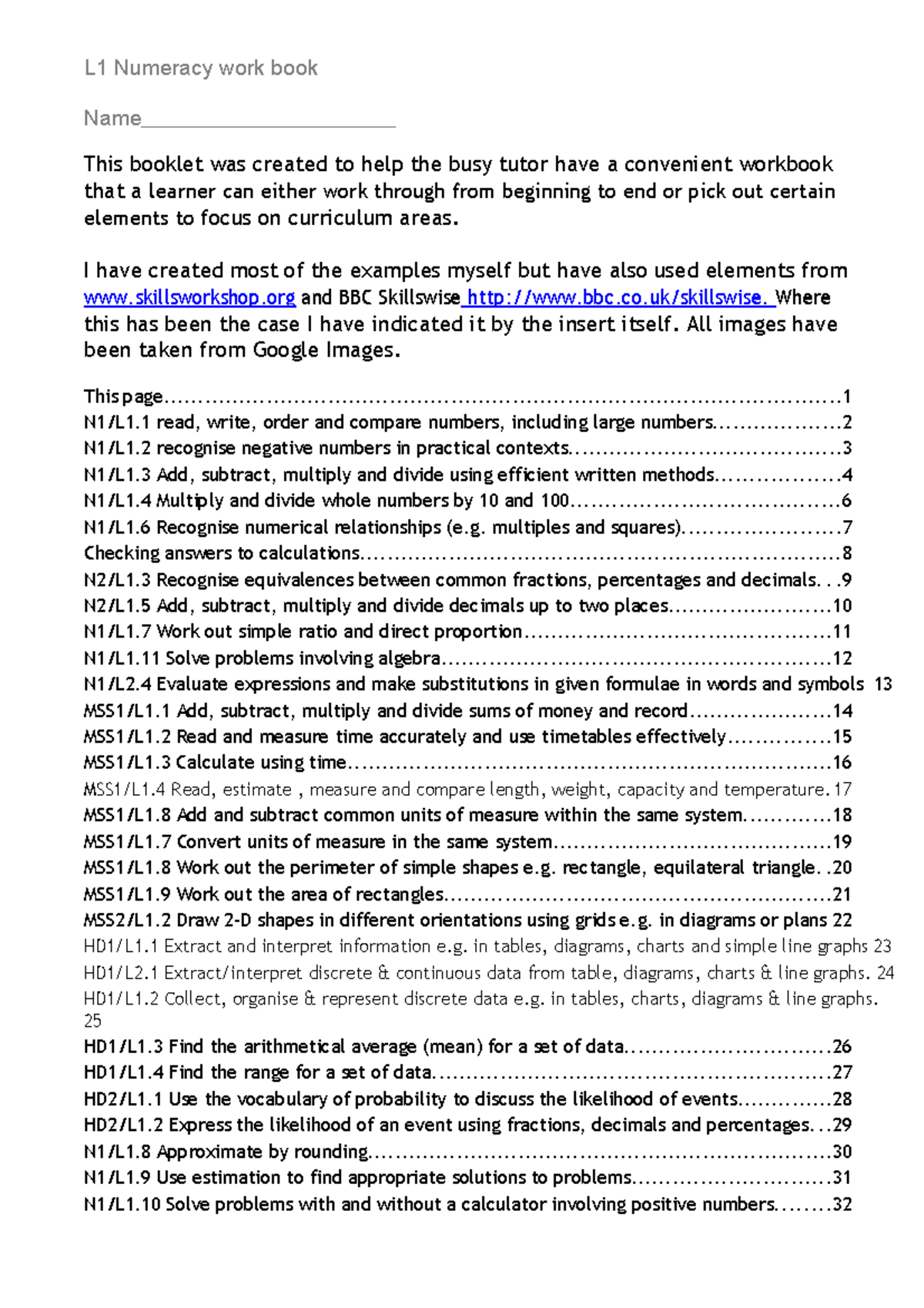 L1 numeracy workbook - maths revision - Name This booklet was created ...