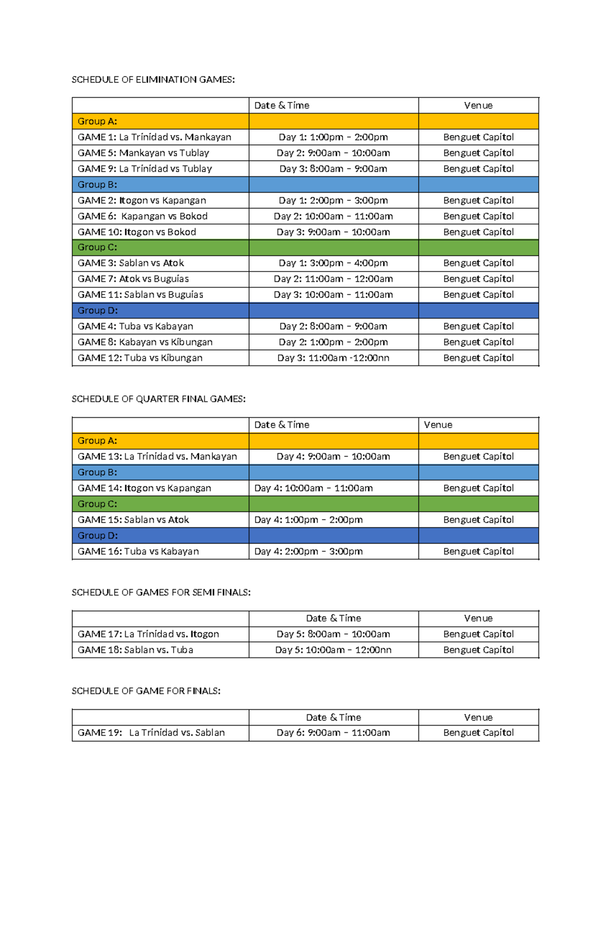 Schedule OF Elimination Games - SCHEDULE OF ELIMINATION GAMES: Date ...