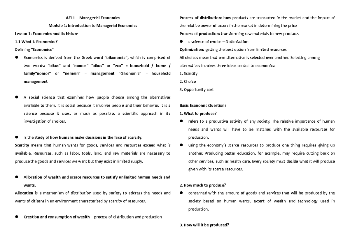 AE11 – Managerial Economics - AE11 – Managerial Economics Module 1 ...
