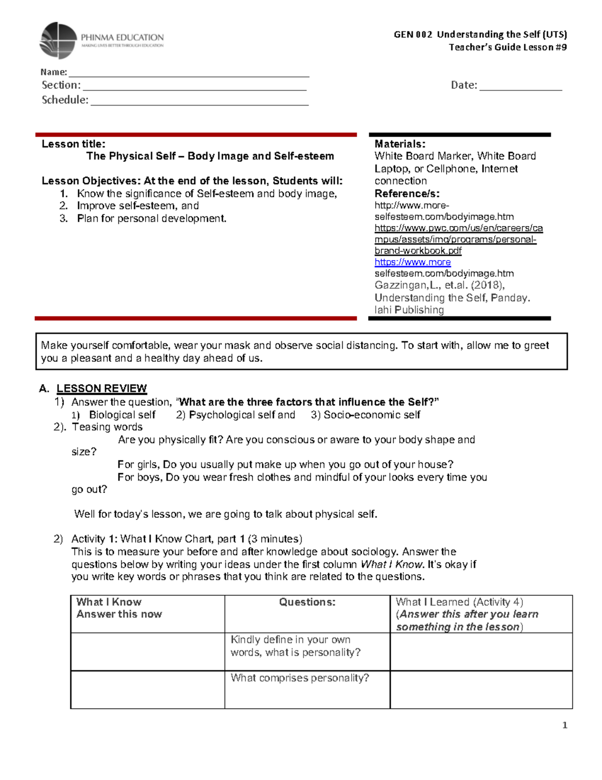 GEN 002 MODULE 9 - Teacher’s Guide Lesson # Name