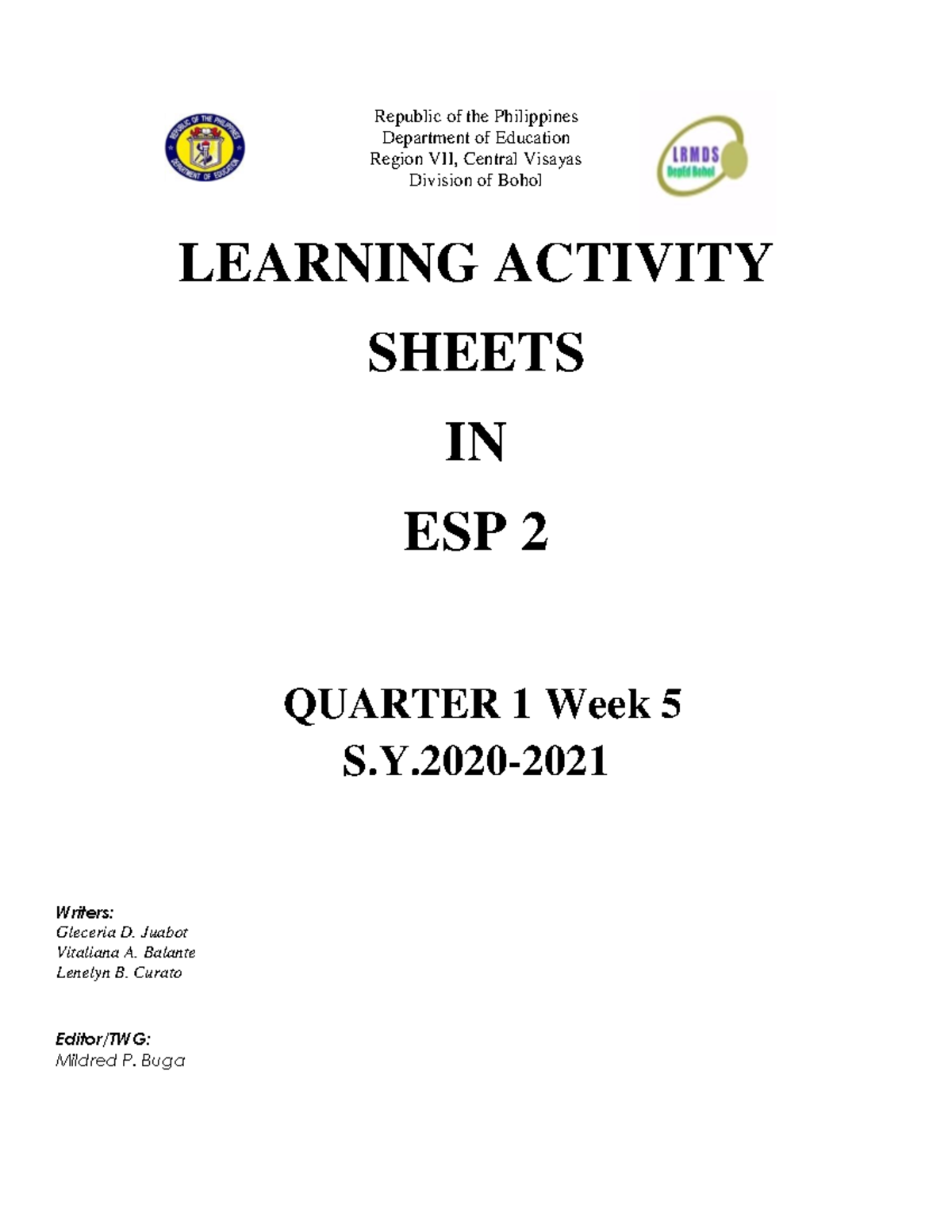 ESP2 Q1 LAS WK5 - Study Well - Republic of the Philippines Department ...