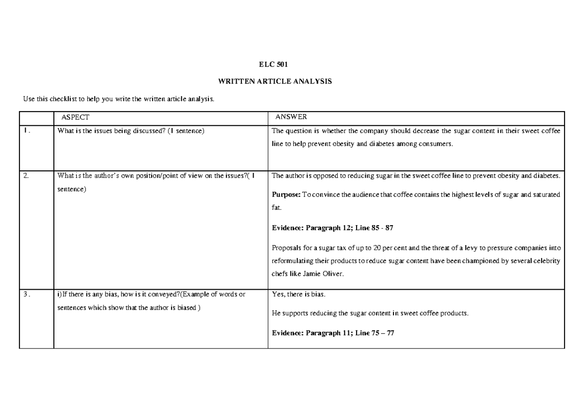 Coffee Chains- Written Article Analysis Checklist - ELC 501 WRITTEN ...