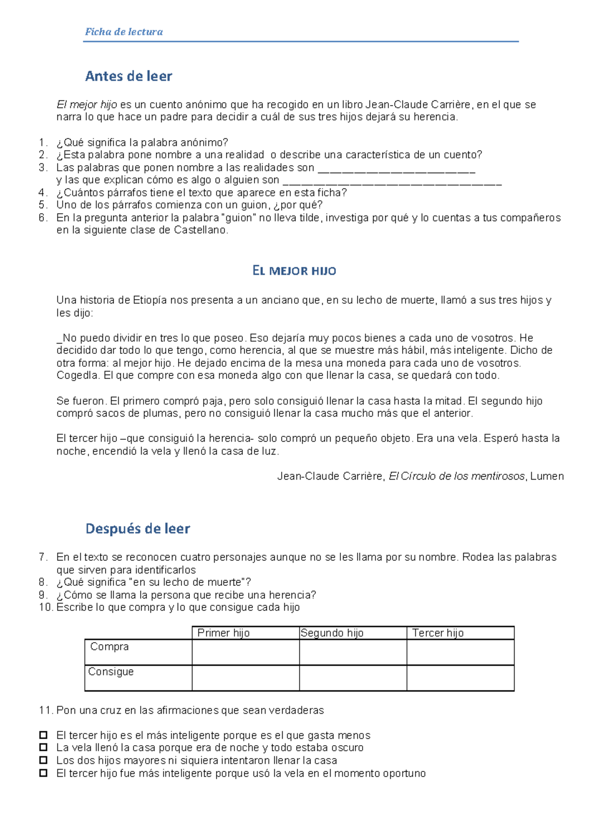 El mejor hijo (Ficha 1) - Muy chulo - Ficha de lectura Antes de leer El ...