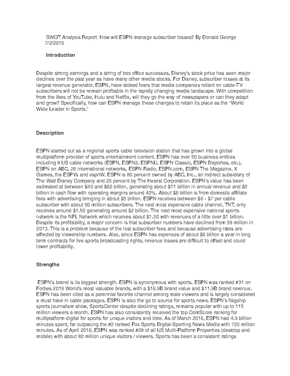 SWOT Analysis Report ESPN - SWOT Analysis Report: How will ESPN manage ...