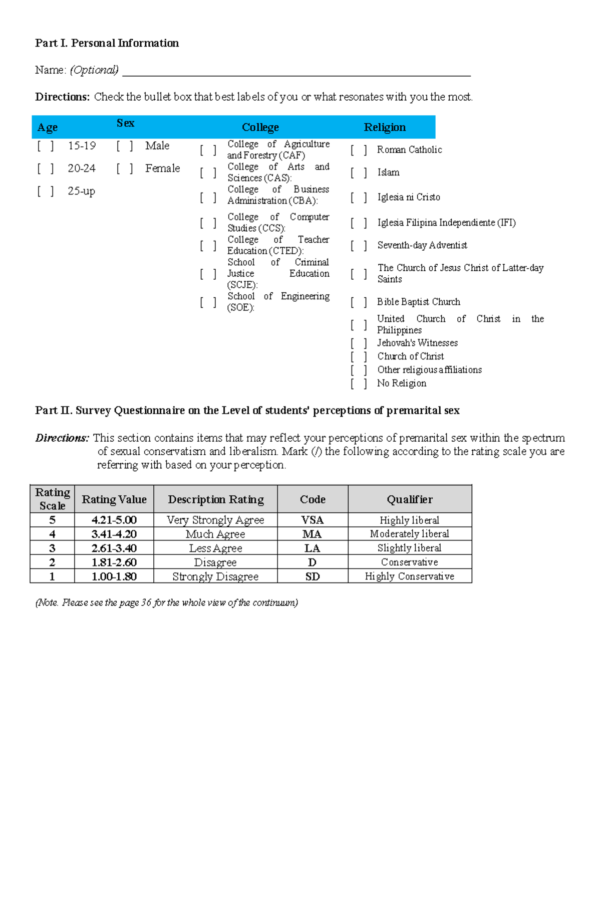 Part I - A sample questionnaire. - Part I. Personal Information Name ...