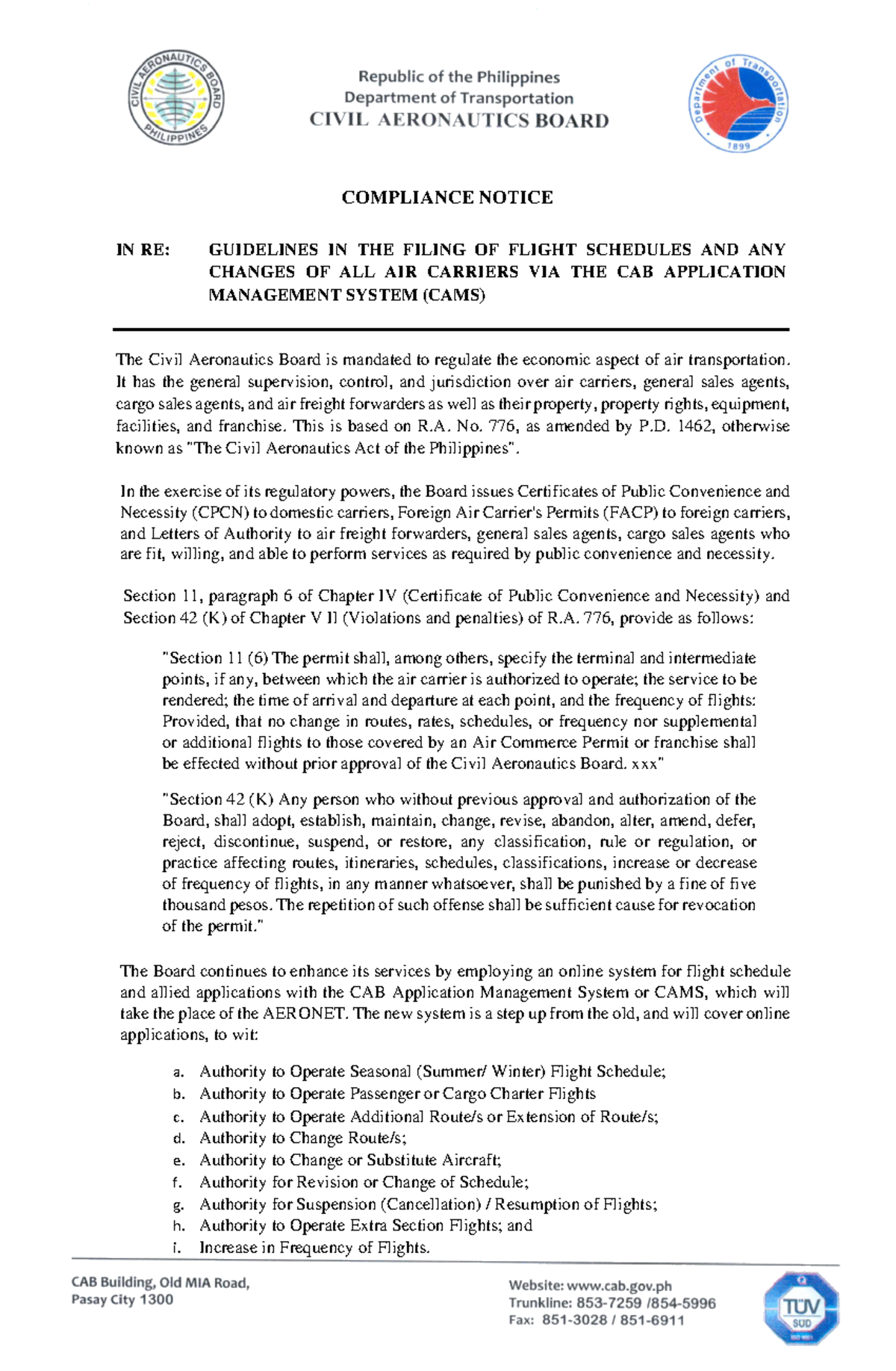 Guidelines on CAB Application Mngt. System (CAMS) - COMPLIANCE NOTICE ...