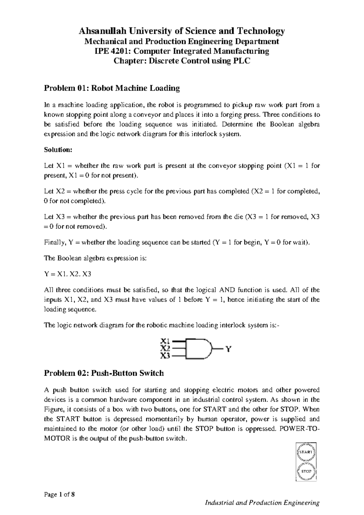 Problem-Discrete Control Using PLC - Page 1 of 8 Ahsanullah University ...