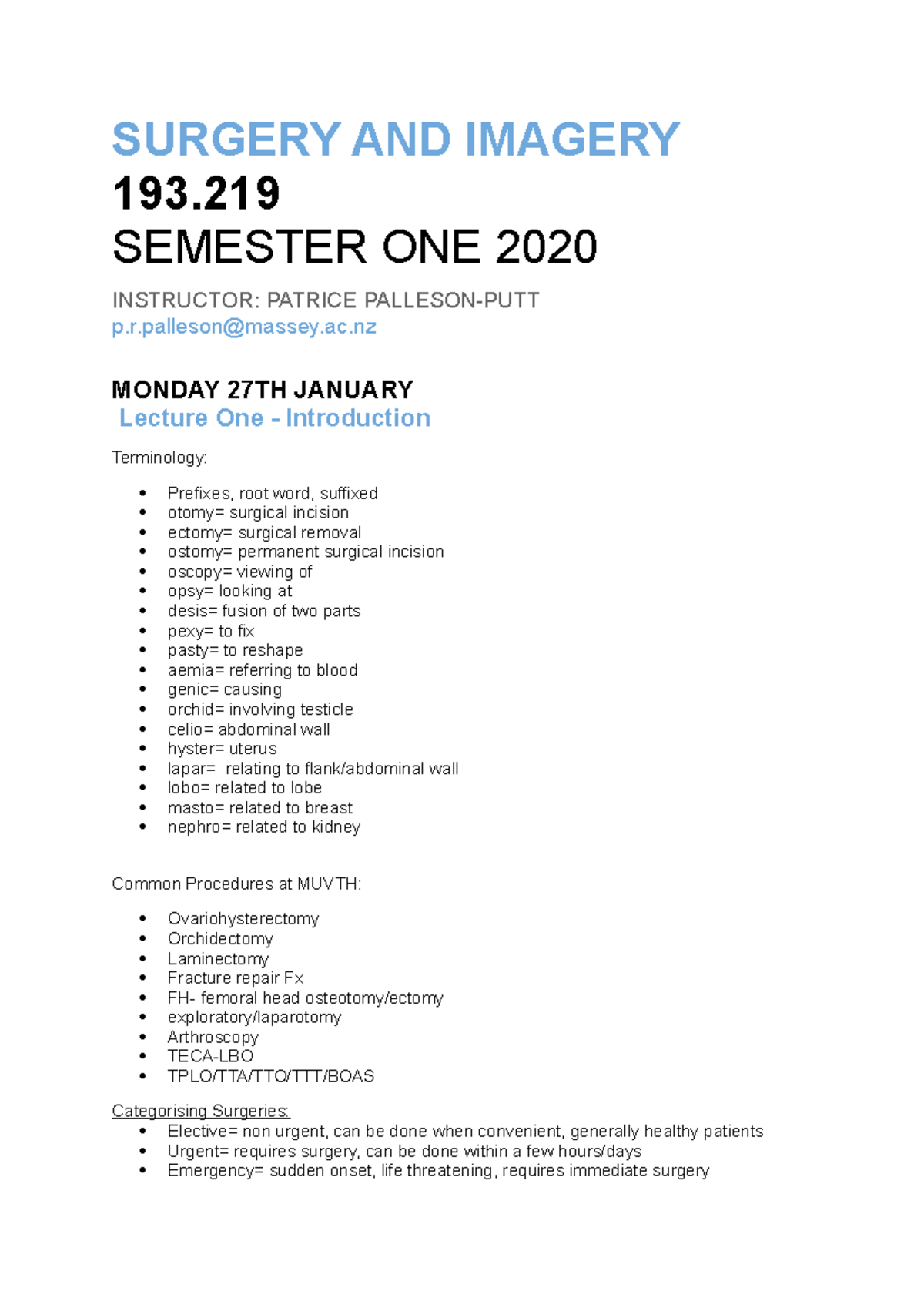 Surgery Lecture Notes - SURGERY AND IMAGERY 193. SEMESTER ONE 2020 ...