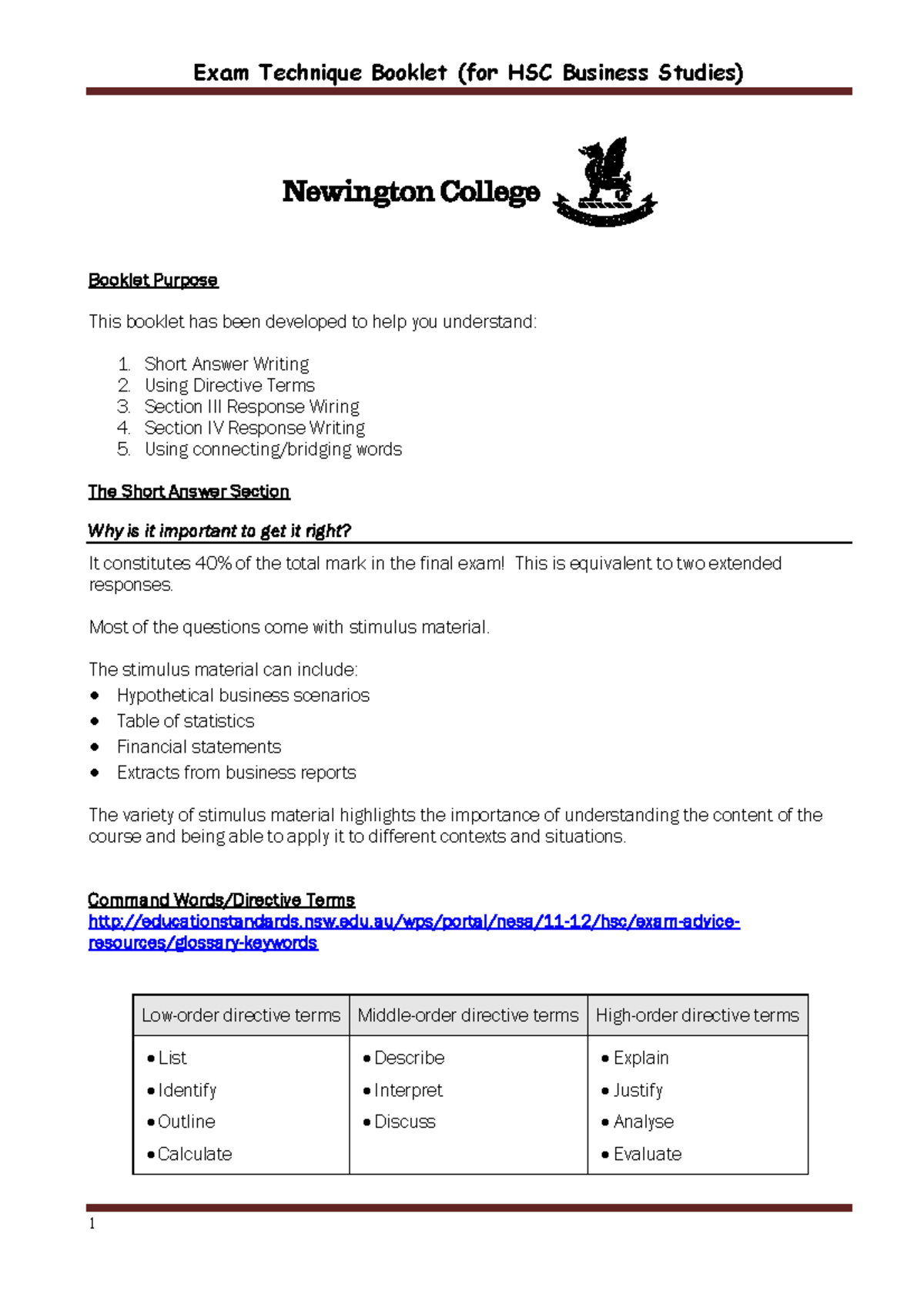Exam Technique Booklet - Booklet Purpose This booklet has been ...