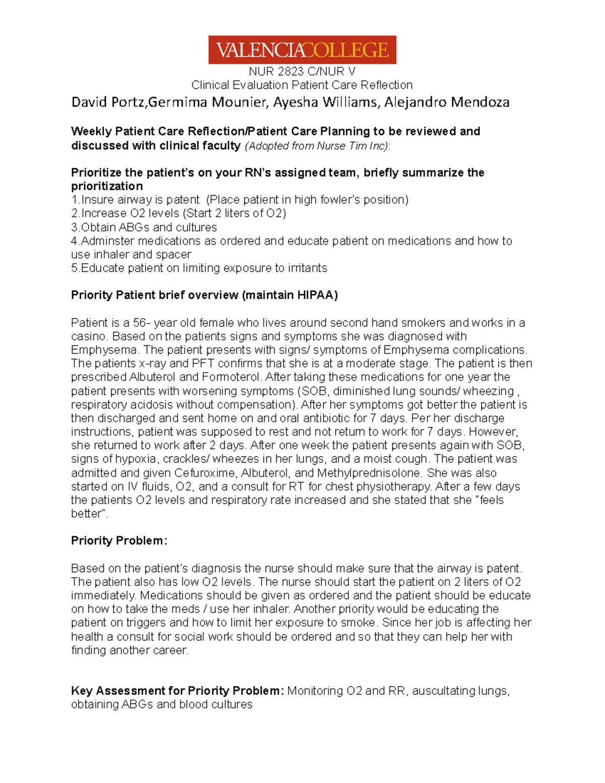 Weekly Patient Care Reflection week 2 - NUR 2823 C/NUR V Clinical ...