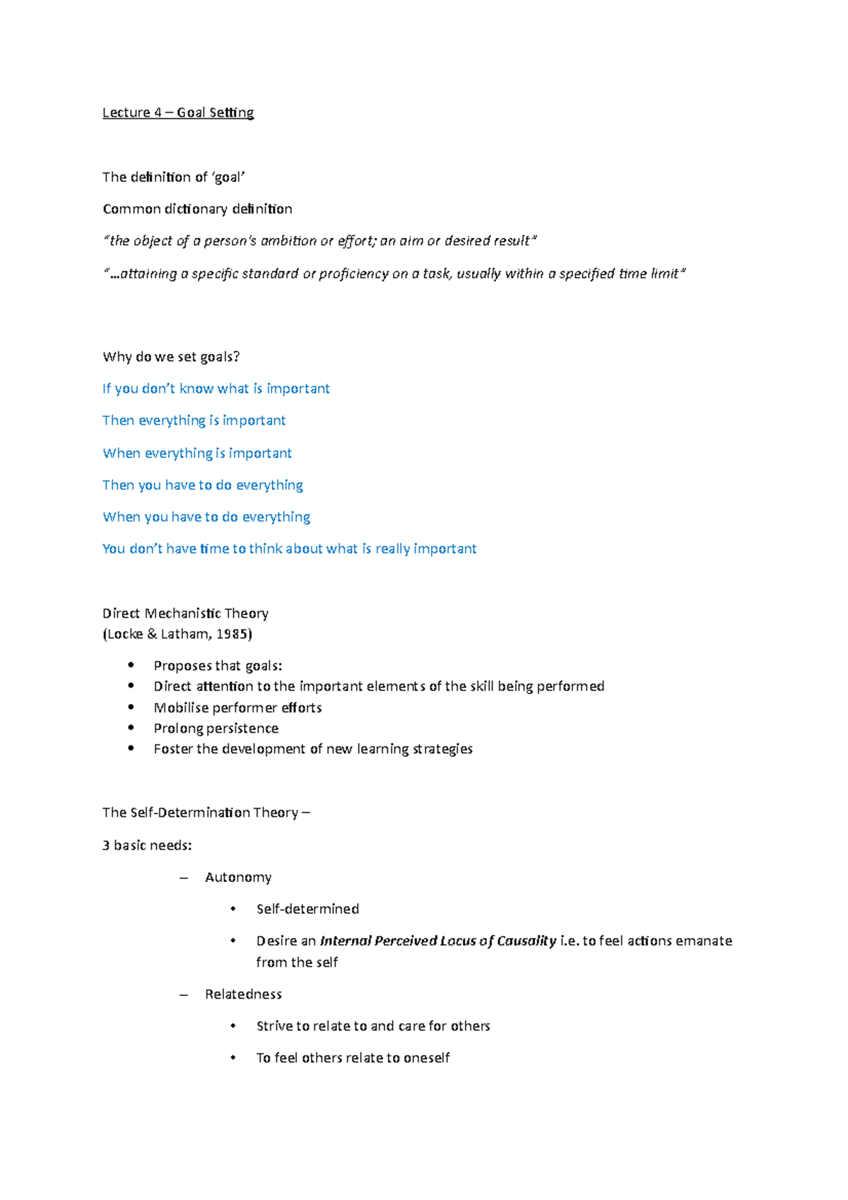 Lecture 4 – Goal Setting - Lecture 4 – Goal Setting The definition of ...