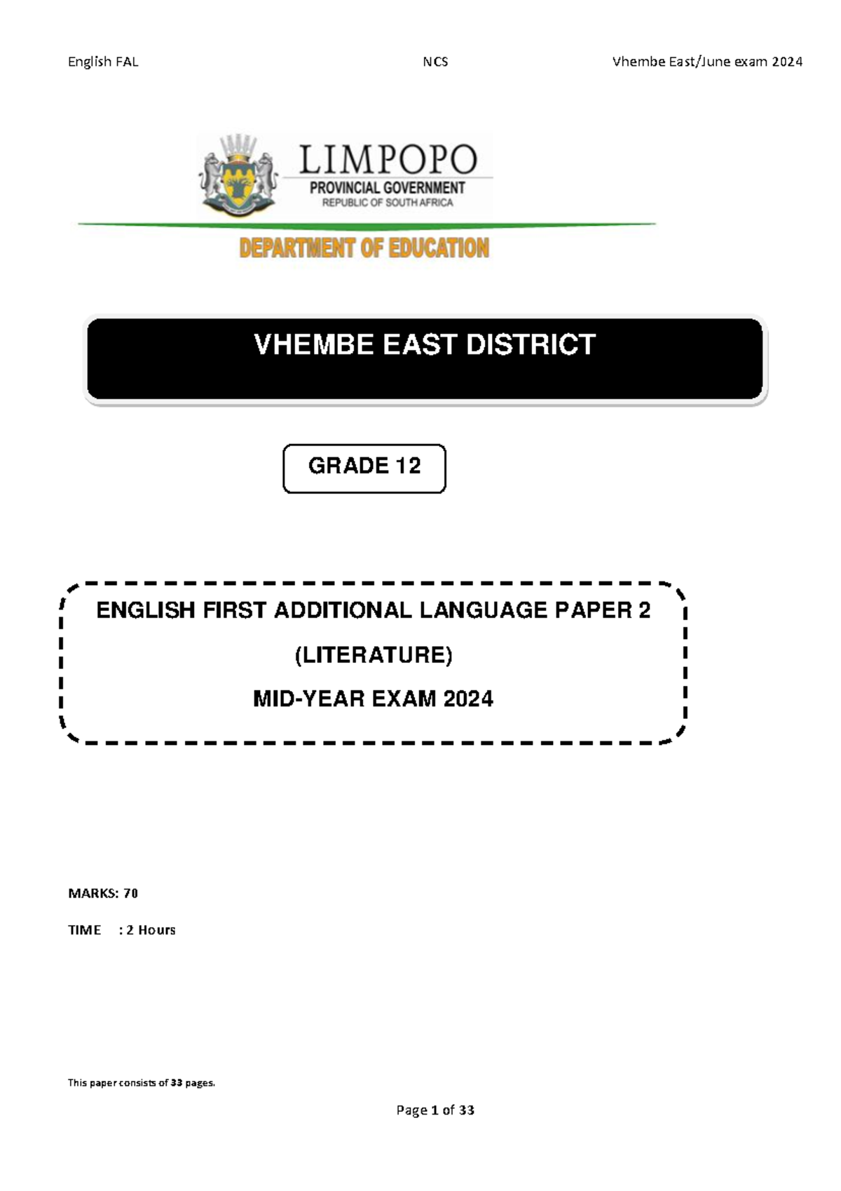 English FAL P2 Grade 12 JUNE EXAM 2024 EDIT PDF - This question paper ...