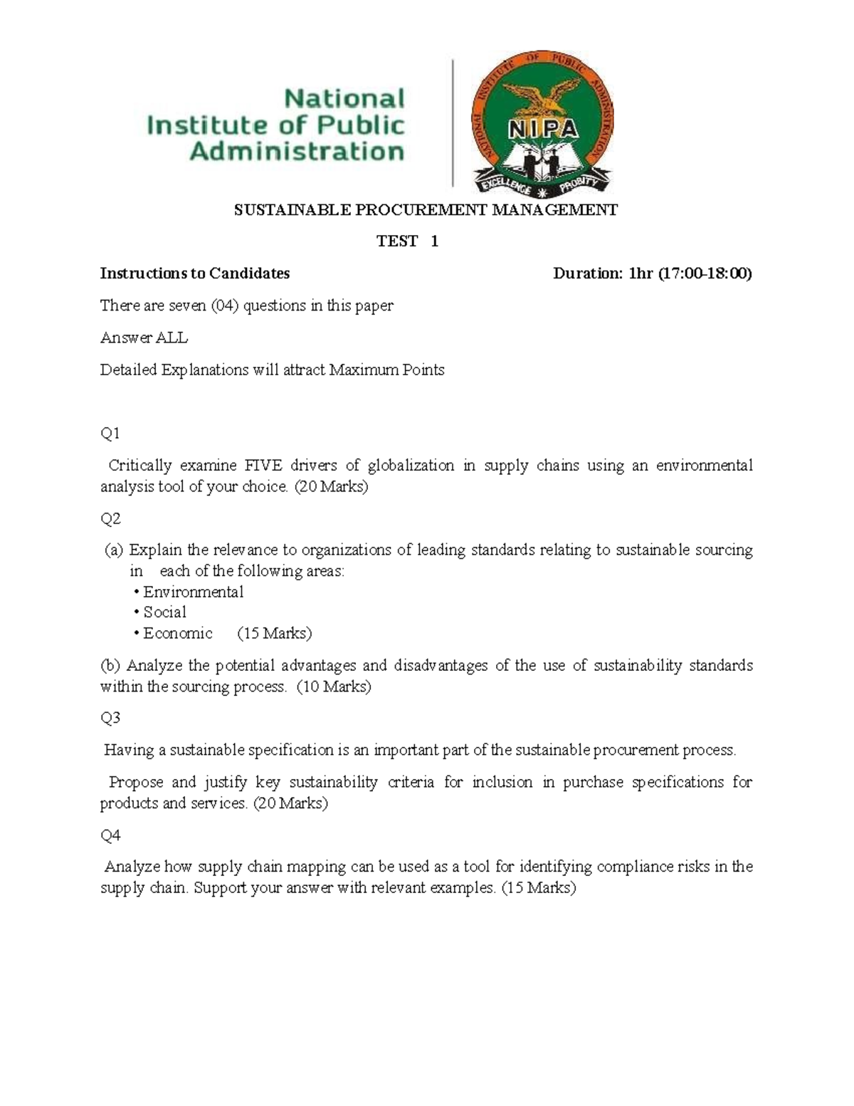 Sustainable Procurement TEST 1 - SUSTAINABLE PROCUREMENT MANAGEMENT ...