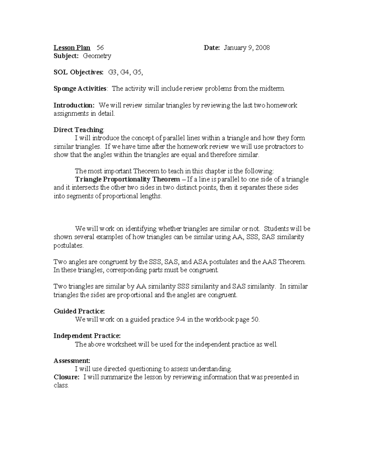 Jan-9th - Lesson Plan 56 Date: January 9, 2008 Subject: Geometry SOL ...