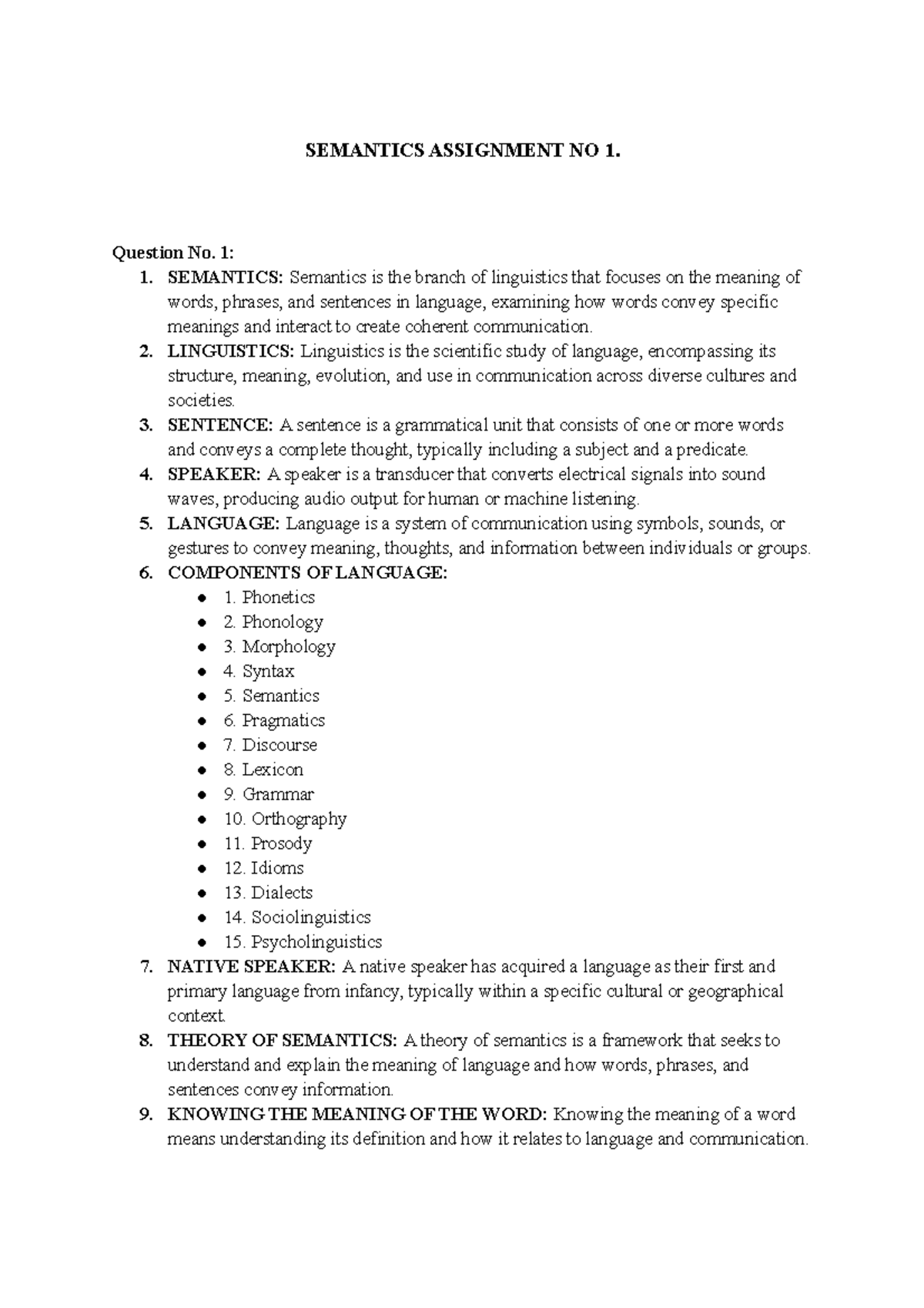 Semantics key - linguistics - SEMANTICS ASSIGNMENT NO 1. Question No. 1 ...