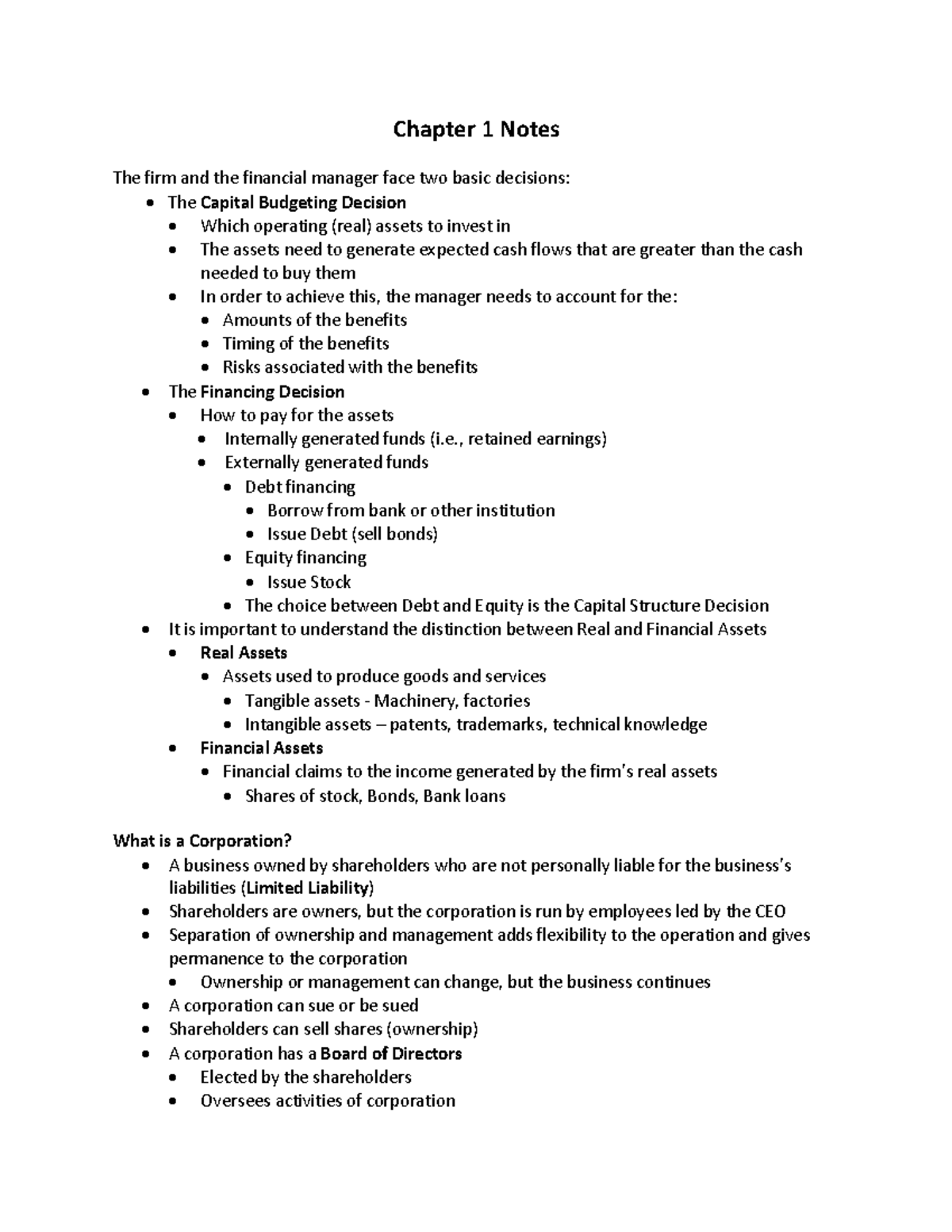 Chapter 1 Notes - Chapter 1 Notes The firm and the financial manager ...