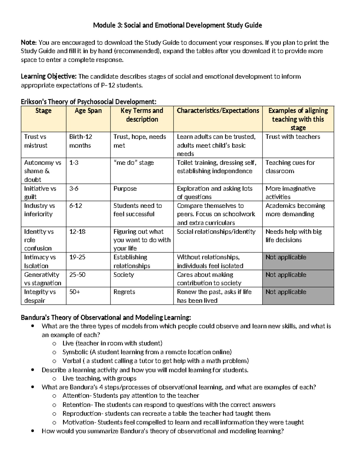 Study Guide D094 Mod 3 - Module 3: Social and Emotional Development ...