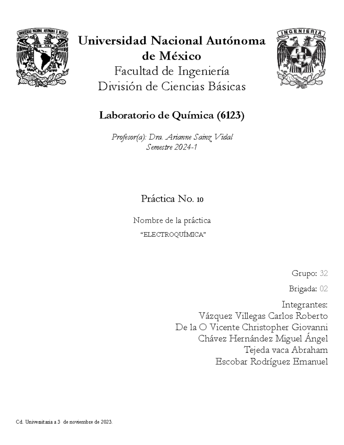 Informe 10 Lab Química - Universidad Nacional Autónoma de México Facultad de Ingeniería División ...