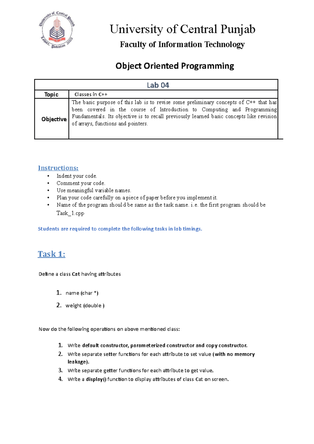 OOP Lab 4 - Oop - University of Central Punjab Faculty of Information Technology Object Oriented ...