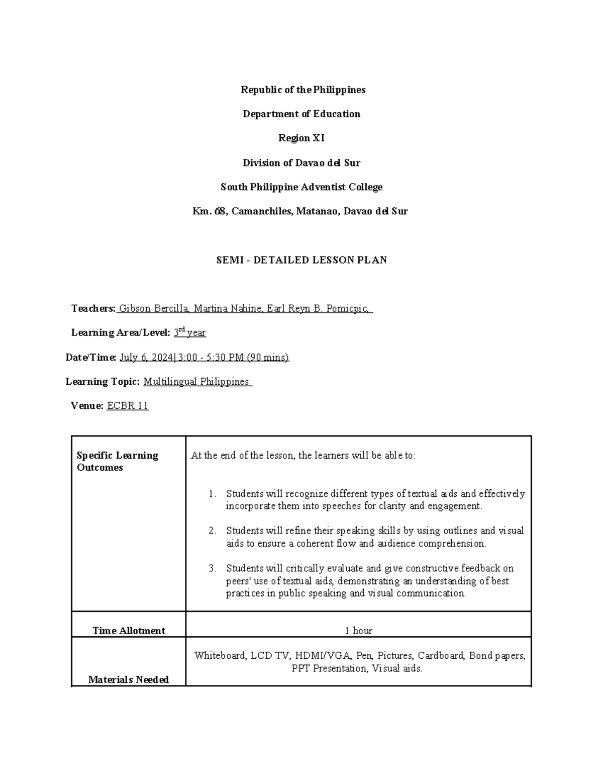 Lesson PLAN FOR Multilanguage Philippines - Republic of the Philippines ...