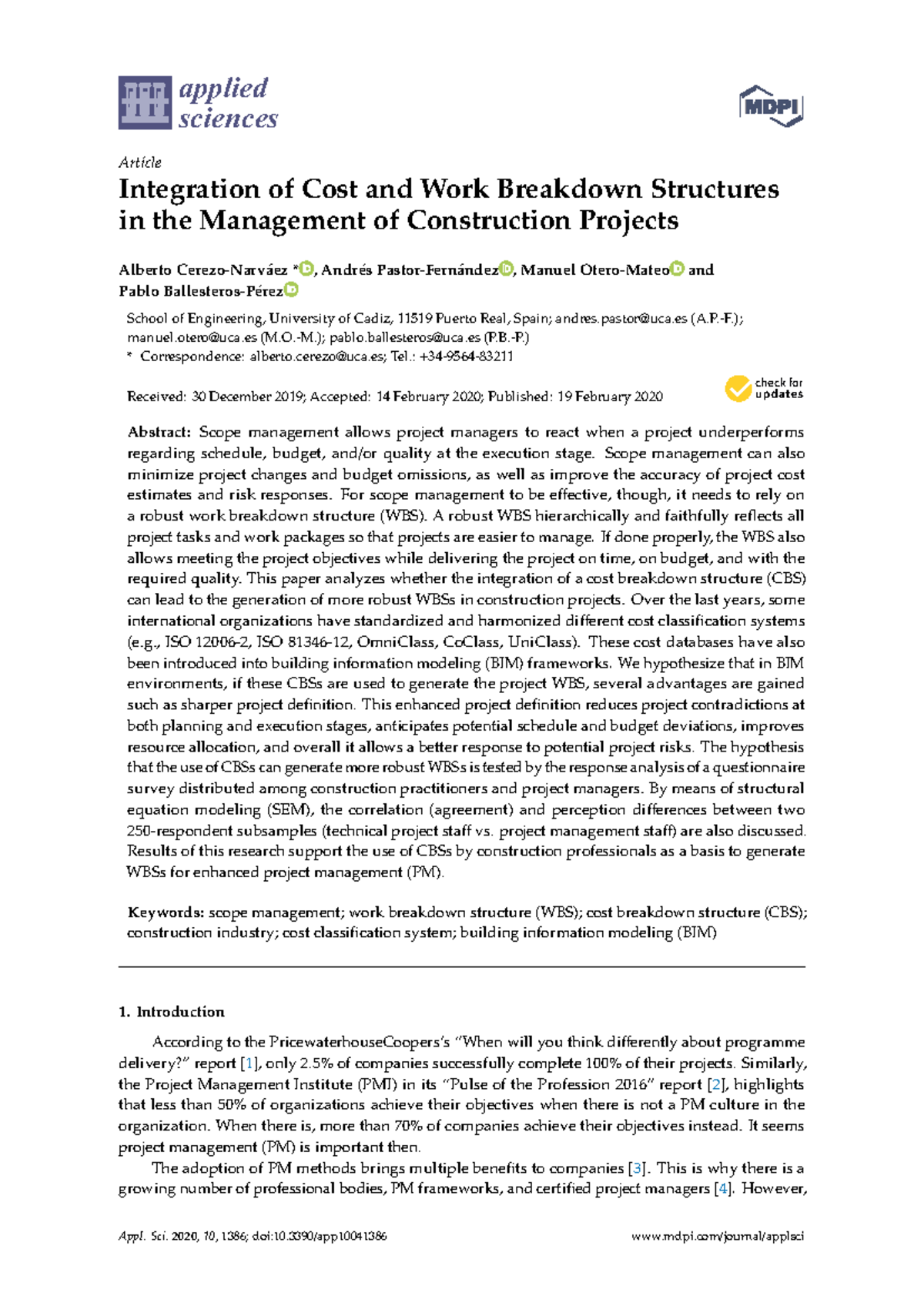 Integration of cost and work breakdown structure in the management of ...