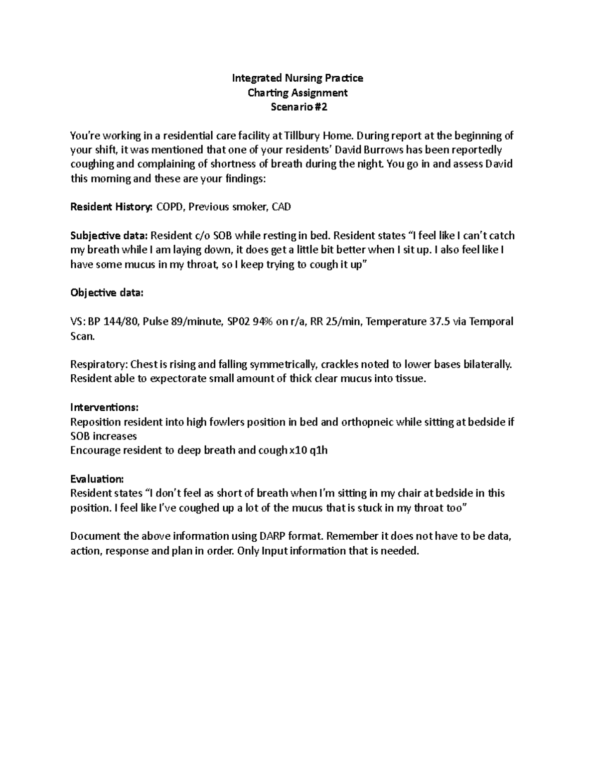 Scenario 2 INP Charting Assignment - Integrated Nursing Practice ...