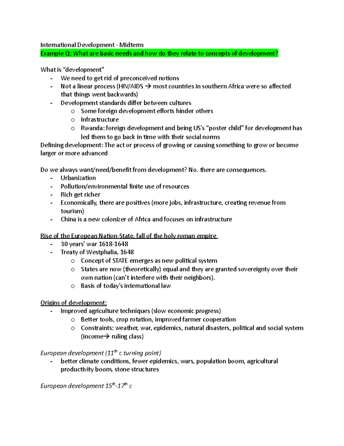 Midterm Notes - International Development - Midterm Example Q: What are ...