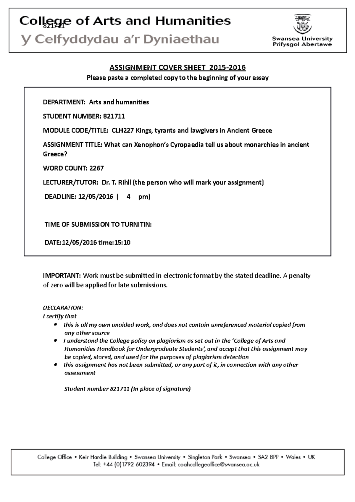 CLH227 essay - Grade: 78 - 821711 ASSIGNMENT COVER SHEET 2015-2016 ...