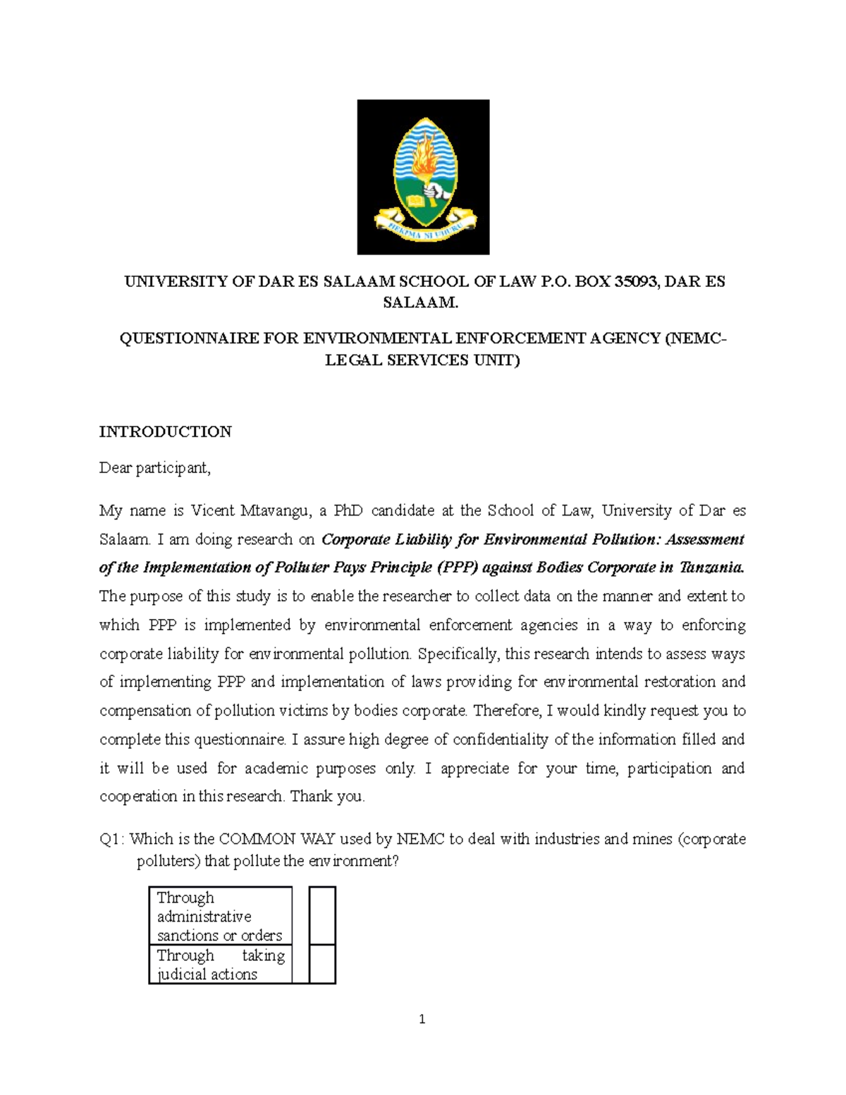 Questionnaire FOR THE Enforcement Agencies (Autosaved) - UNIVERSITY OF ...
