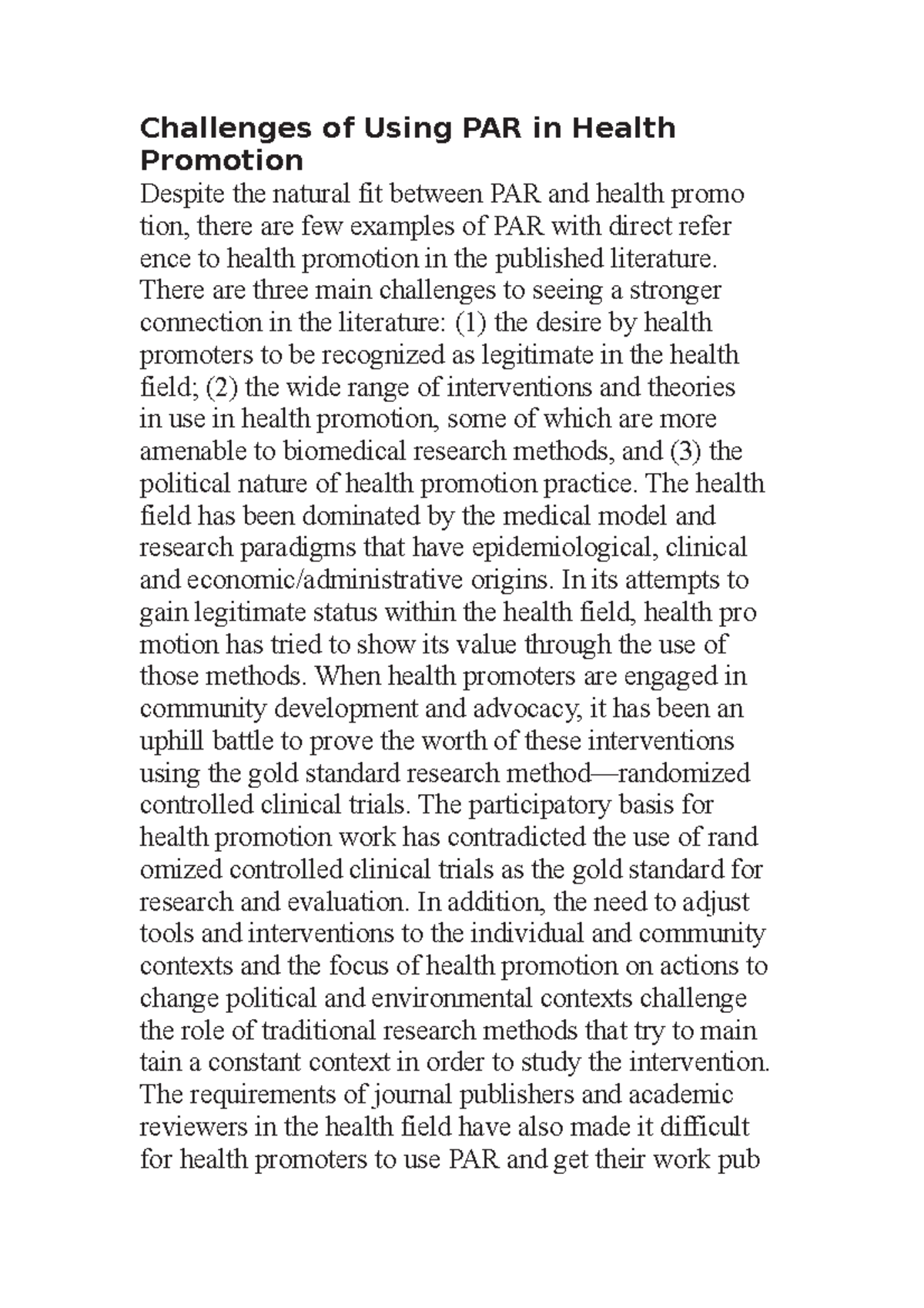 Challenges of Using PAR in Health Promotion - Challenges of Using PAR ...