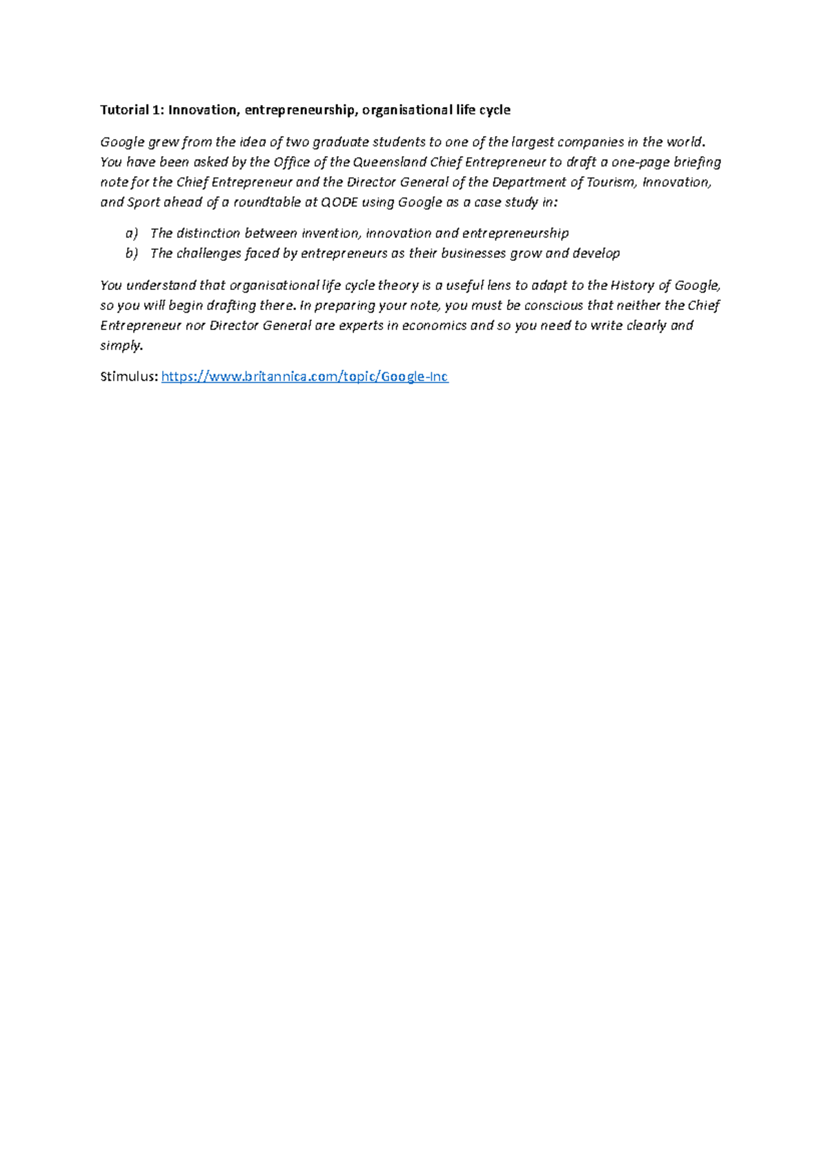 Tutorial 1 - Tutorial 1: Innovation, entrepreneurship, organisational ...
