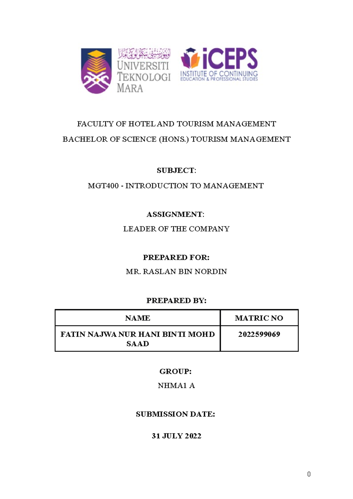 MGT400 - Individual Assignment Fatin Najwa Nur Hani - FACULTY OF HOTEL ...