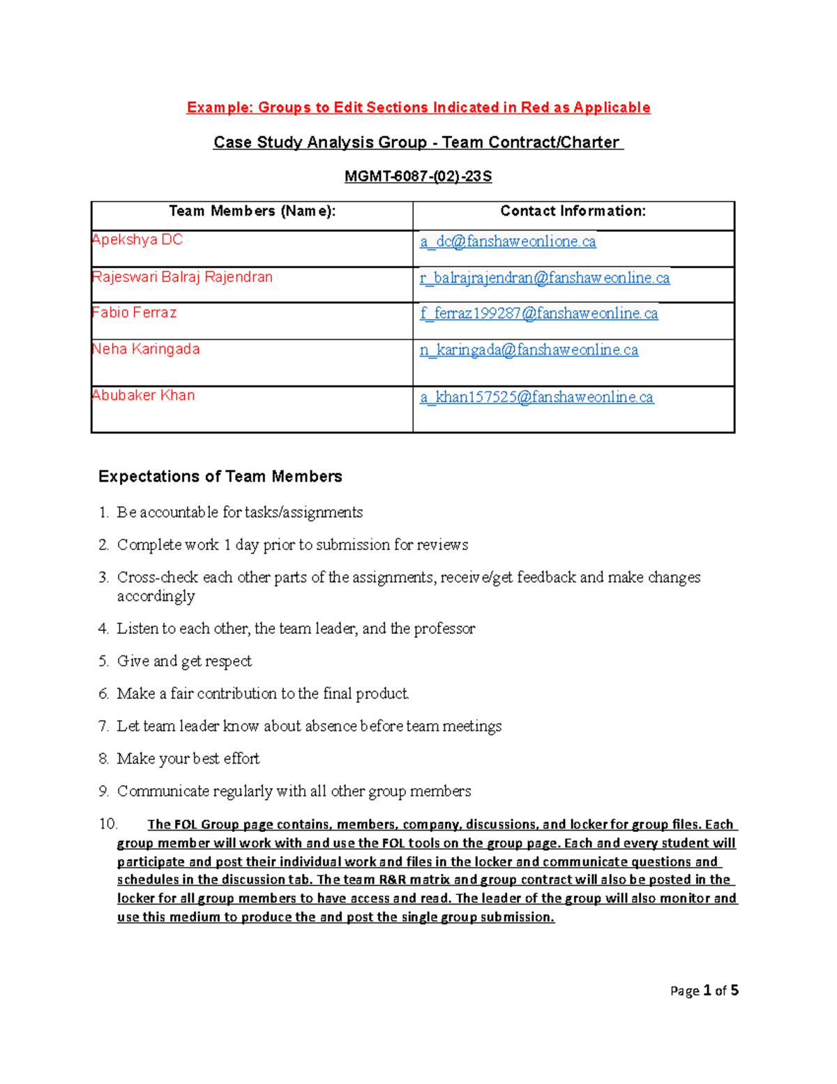 Group Case Analysis Team Charter (Contract) Template- Quality - Example ...