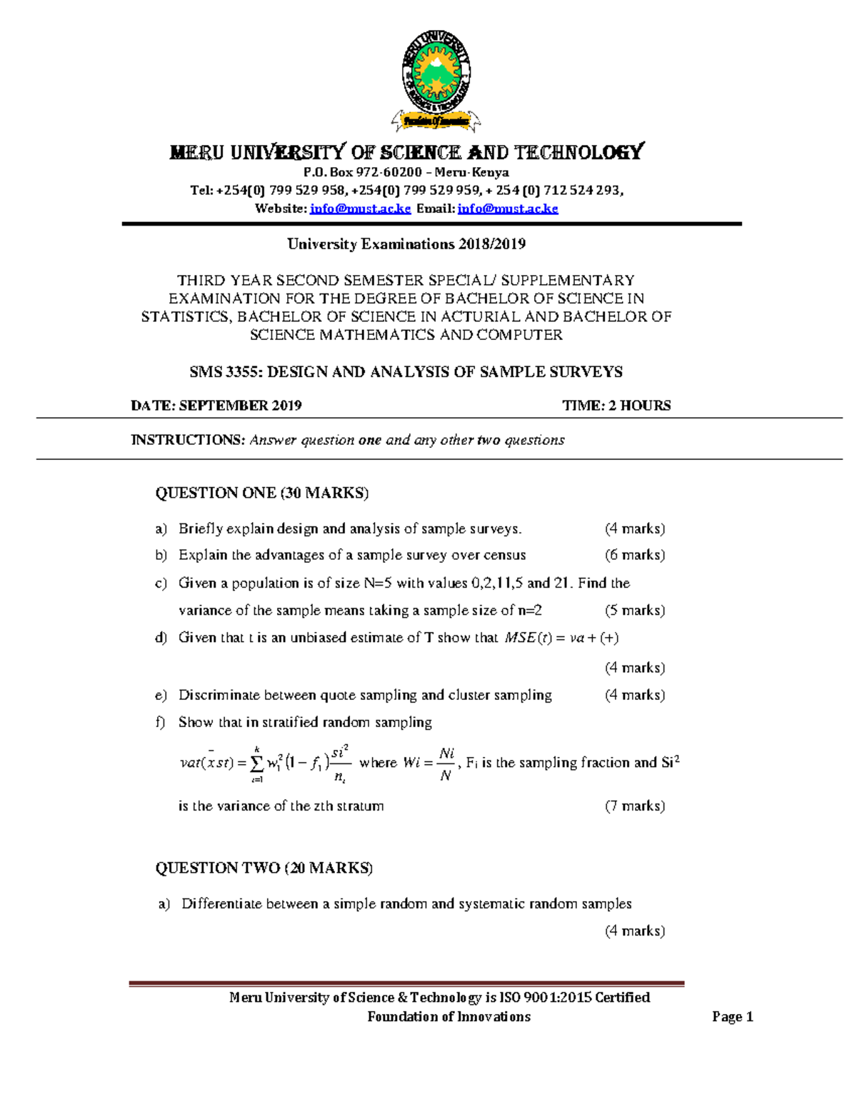 SMS 3355 Design and Analysis of sample surveys - Meru University of ...