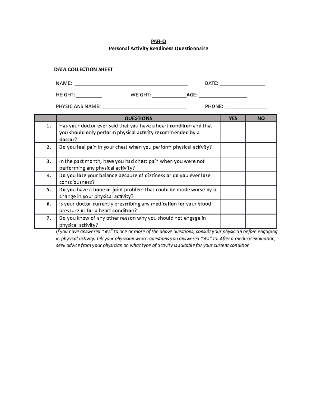 PAR-Q - PAR-Q Personal Acivity Readiness Quesionnaire DATA COLLECTION ...