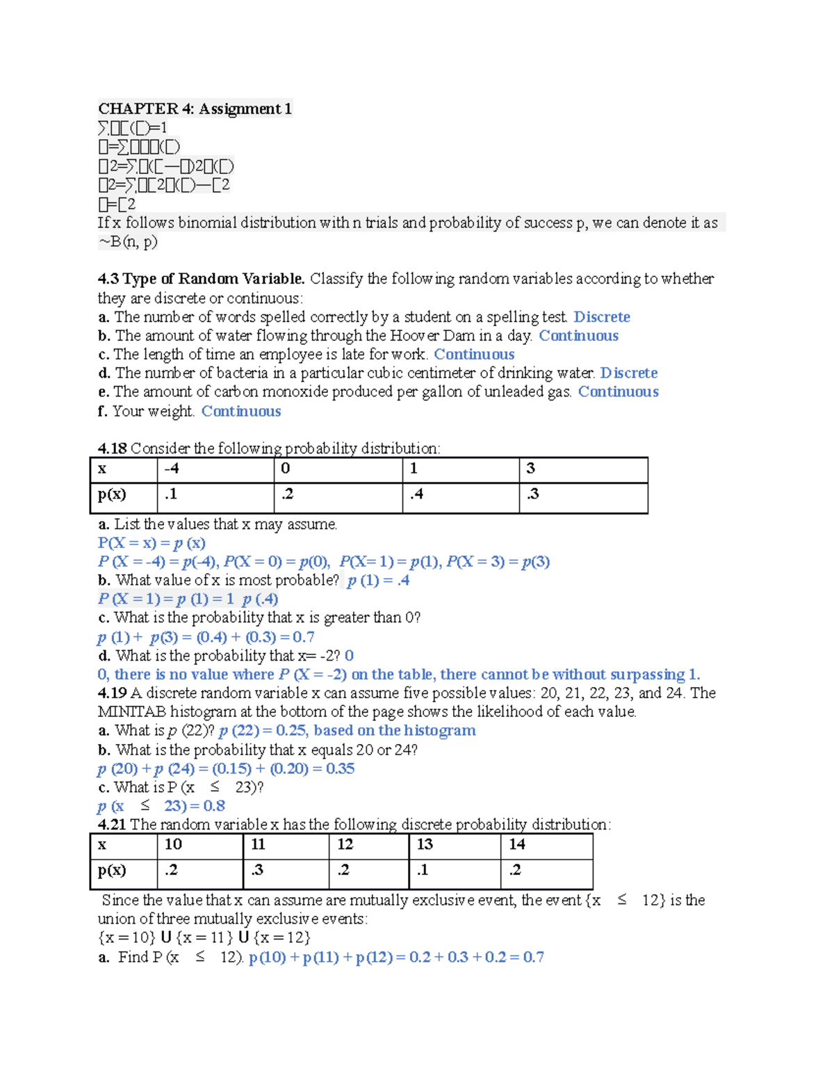 Chapter 4 - CHAPTER 4: Assignment 1 ∑𝑥𝑥(𝑥)= 𝑥=∑𝑥𝑥𝑥(𝑥) 𝑥2=∑𝑥(𝑥―𝑥)2𝑥(𝑥 ...