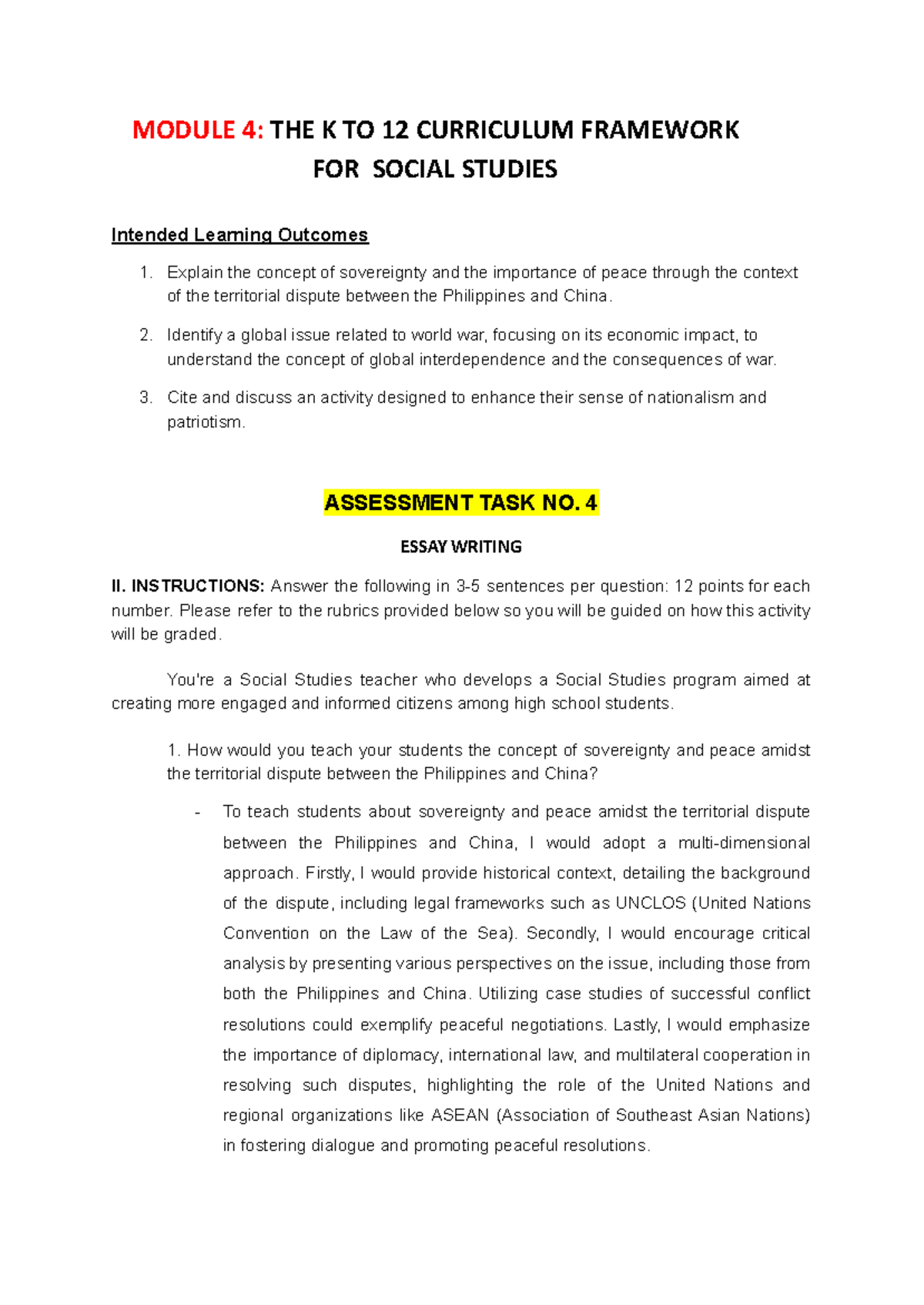 TTL-2 (Assessment No. 4) - MODULE 4: THE K TO 12 CURRICULUM FRAMEWORK ...