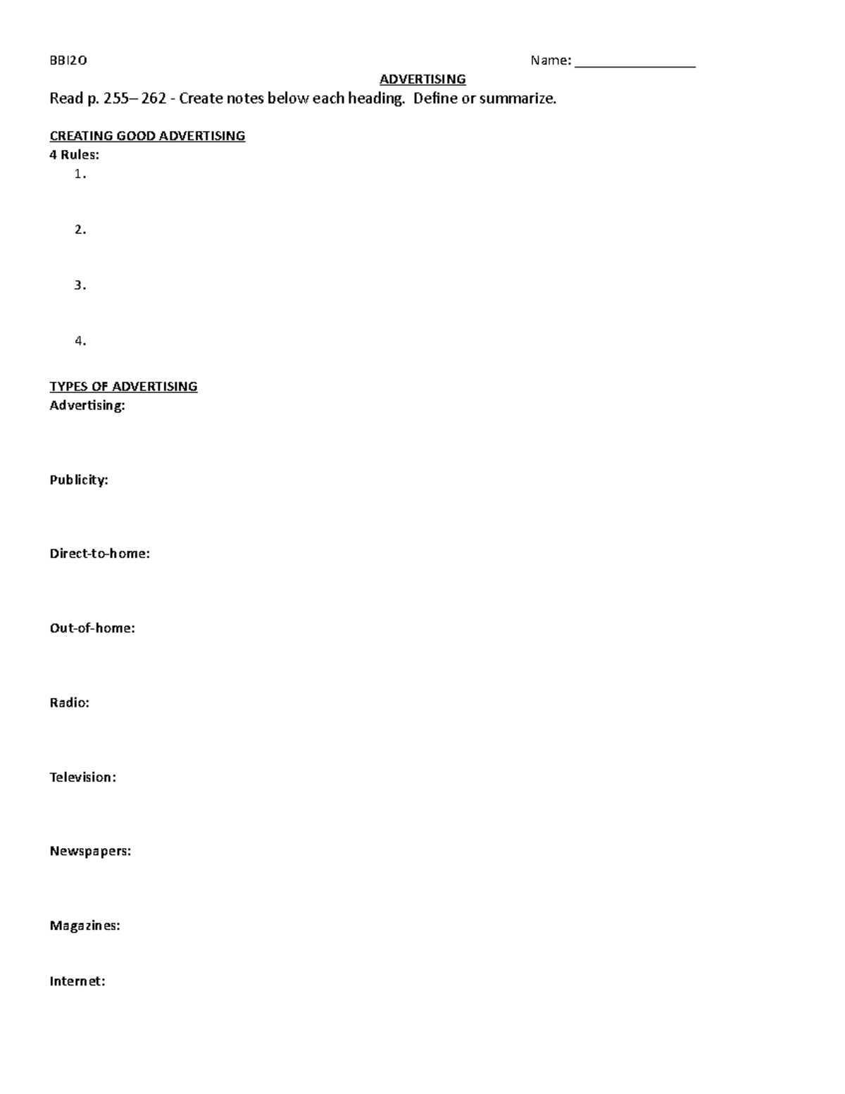 14 - Advertising Textbook Notes - BBI2O ADVERTISING Name ...