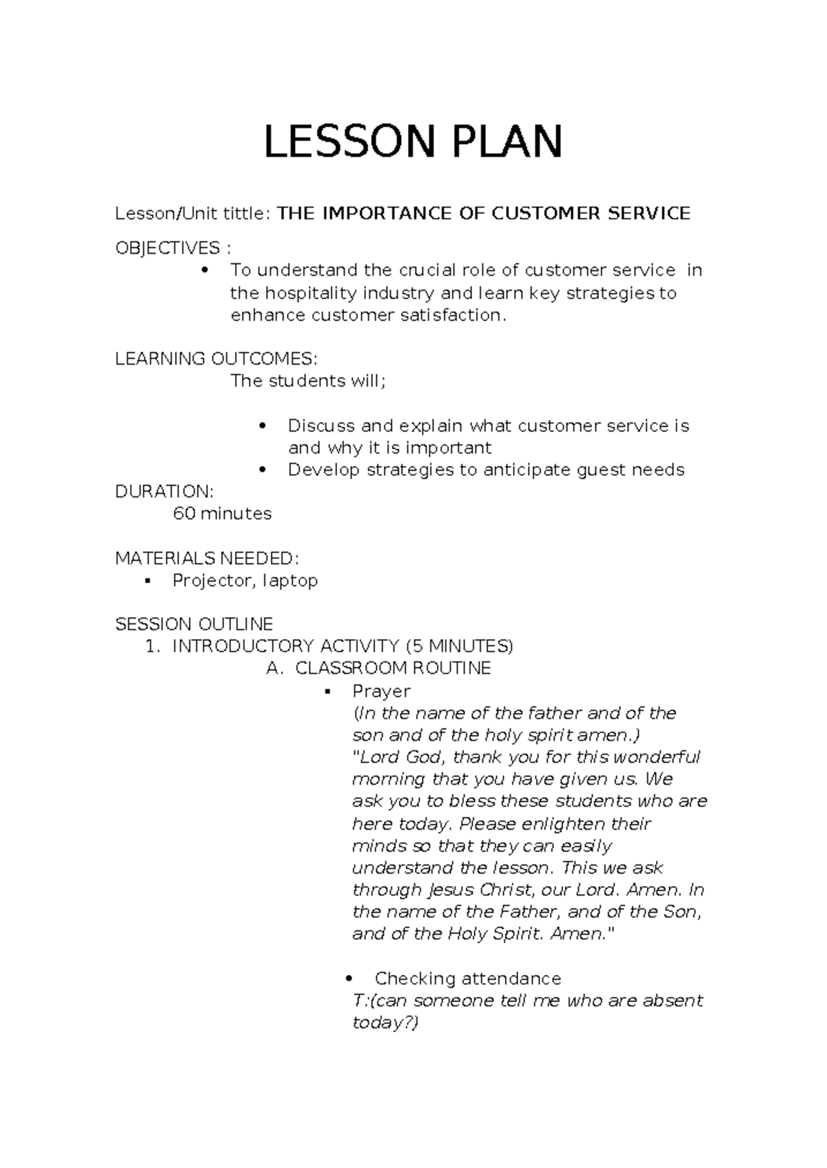 Lesson PLAN emz - LESSON PLAN Lesson/Unit tittle: THE IMPORTANCE OF ...