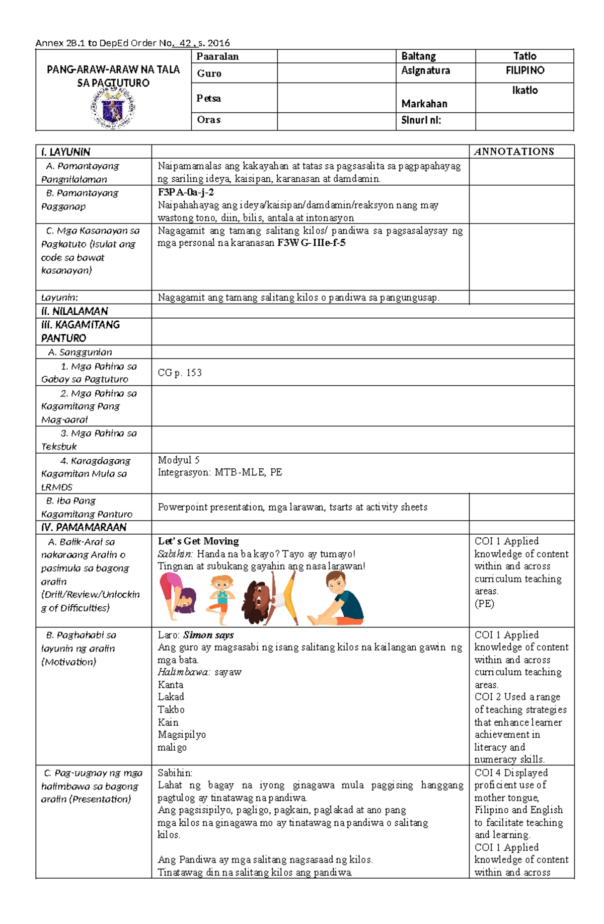 Filipino dlp q3 - LESSON PLAN - Annex 2B to DepEd Order No. 42 , s ...