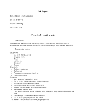 Lab report#2 - aaaaaaaaaaaaaaaaaaaaaaaaaaaaa - AU Chemistry Lab Lab ...
