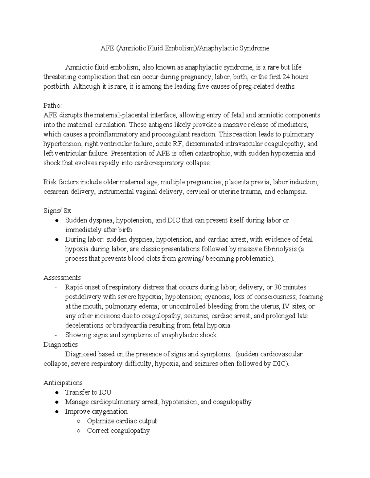 Anaphylactic Syndrome - AFE (Amniotic Fluid Embolism)/Anaphylactic ...
