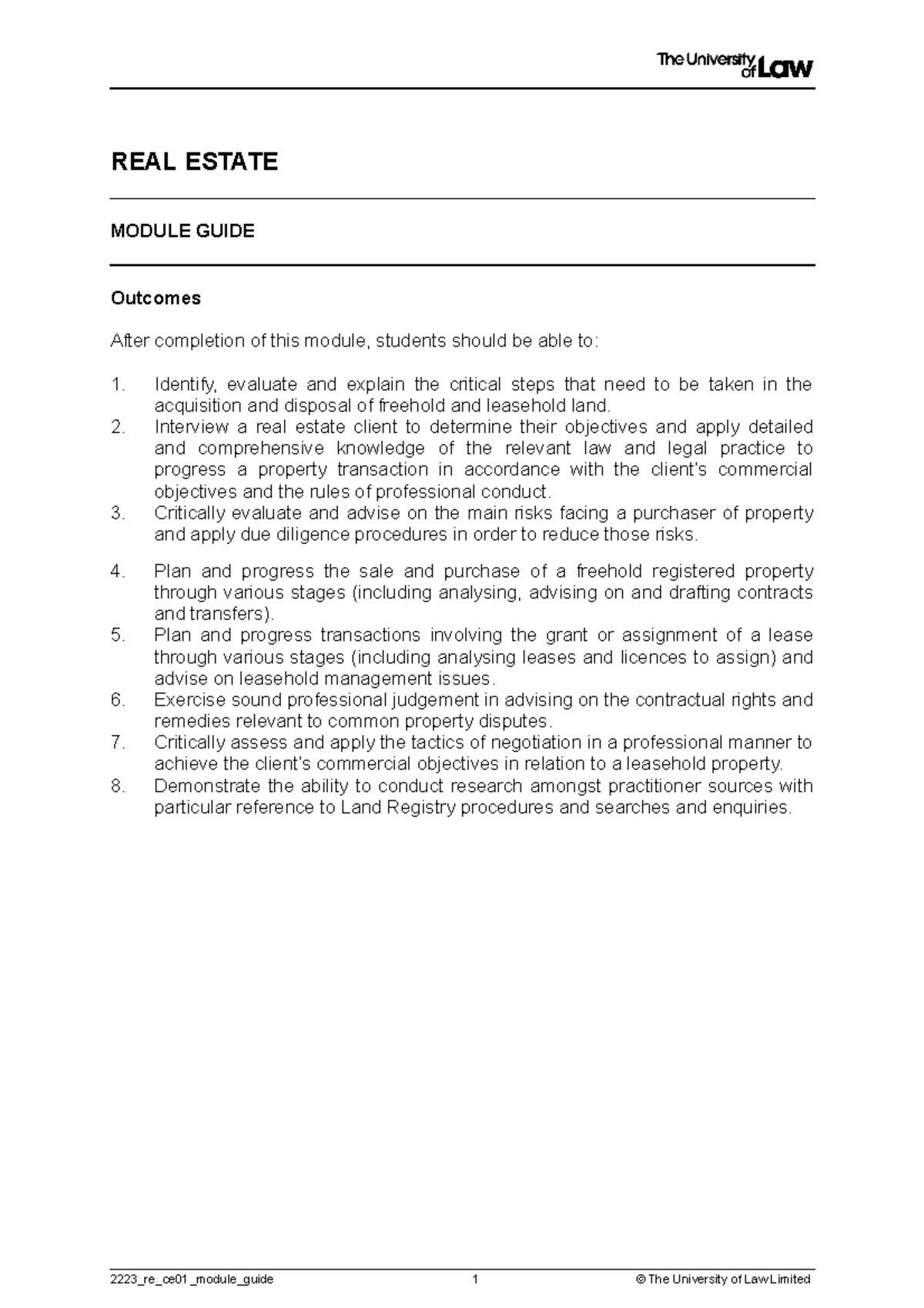2223 re ce01 module guide - REAL ESTATE MODULE GUIDE Outcomes After ...