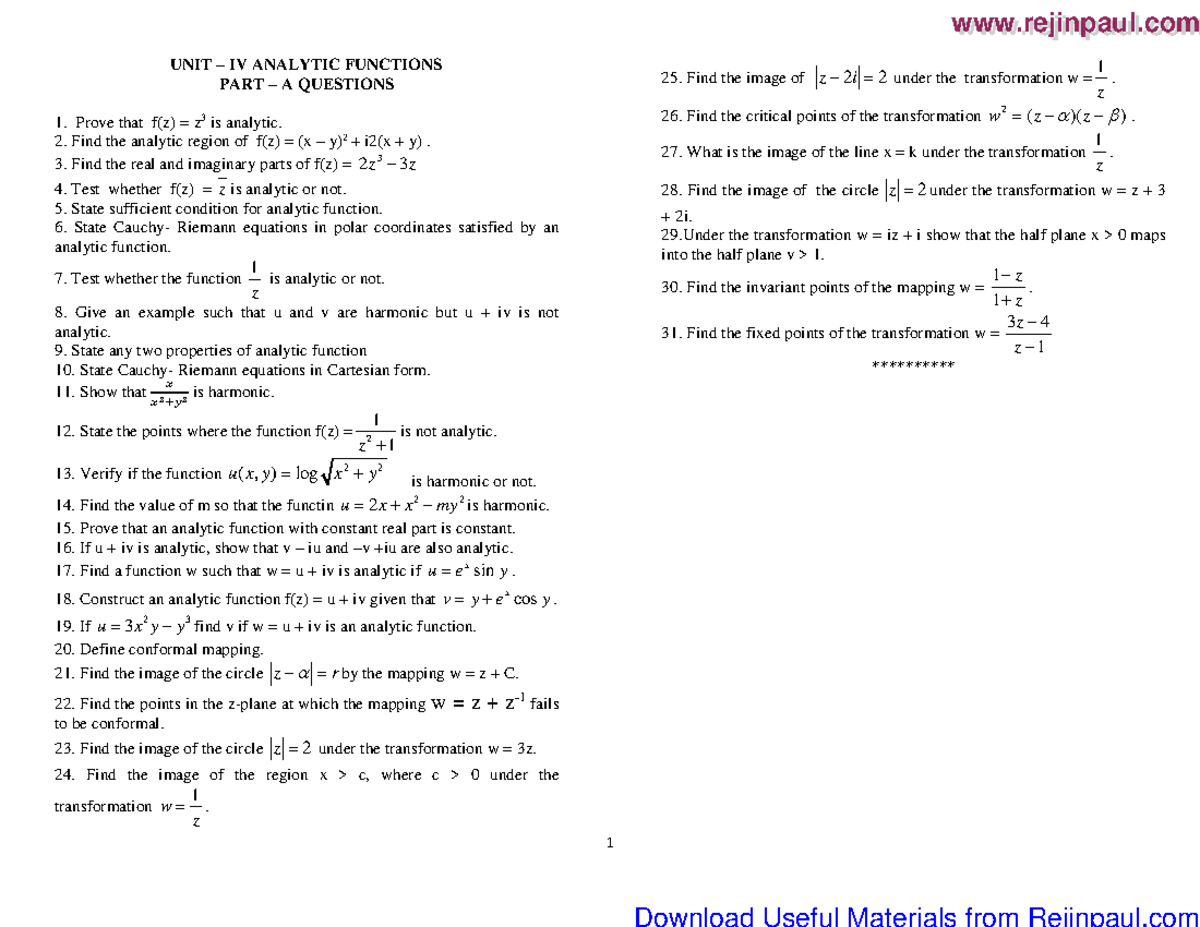 CS6004 2 - 3-4 - 1 UNIT – IV ANALYTIC FUNCTIONS PART – A QUESTIONS Prove that f(z) = z 3 is ...