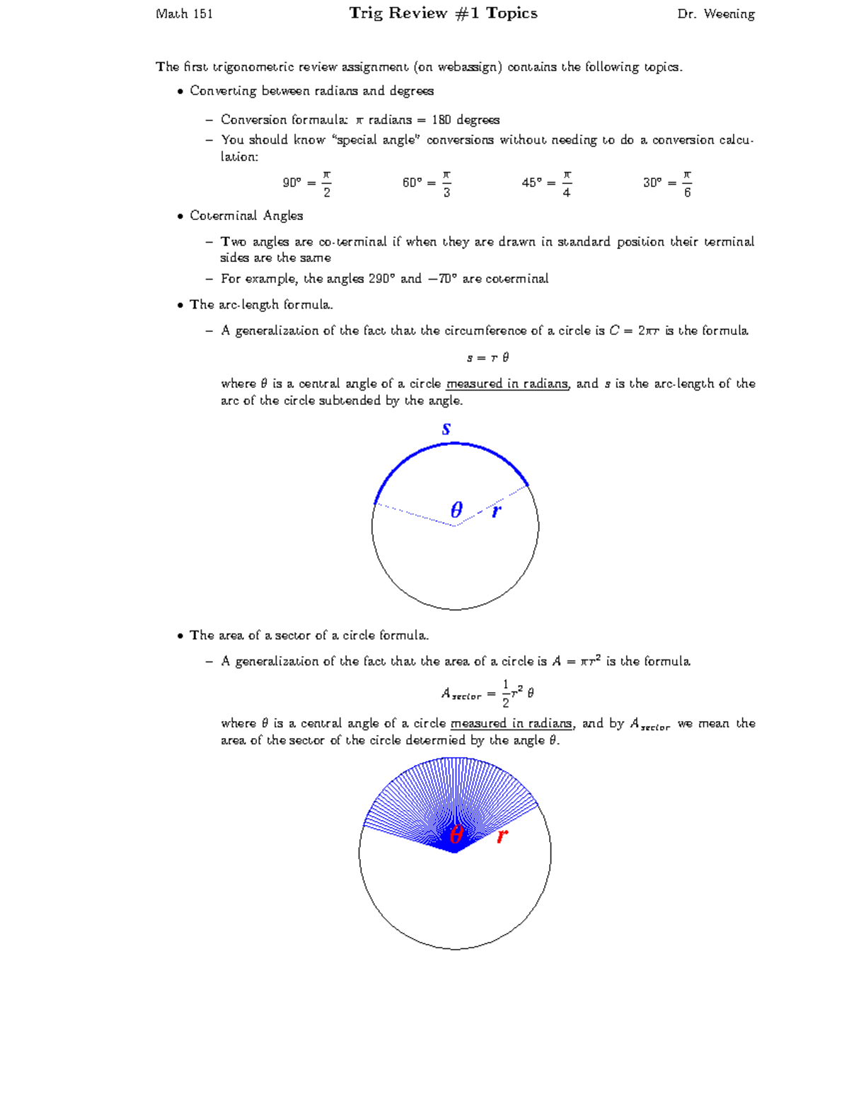 Trig Rev 1 - Trigonometry review - Math 151 Trig Review #1 Topics Dr ...
