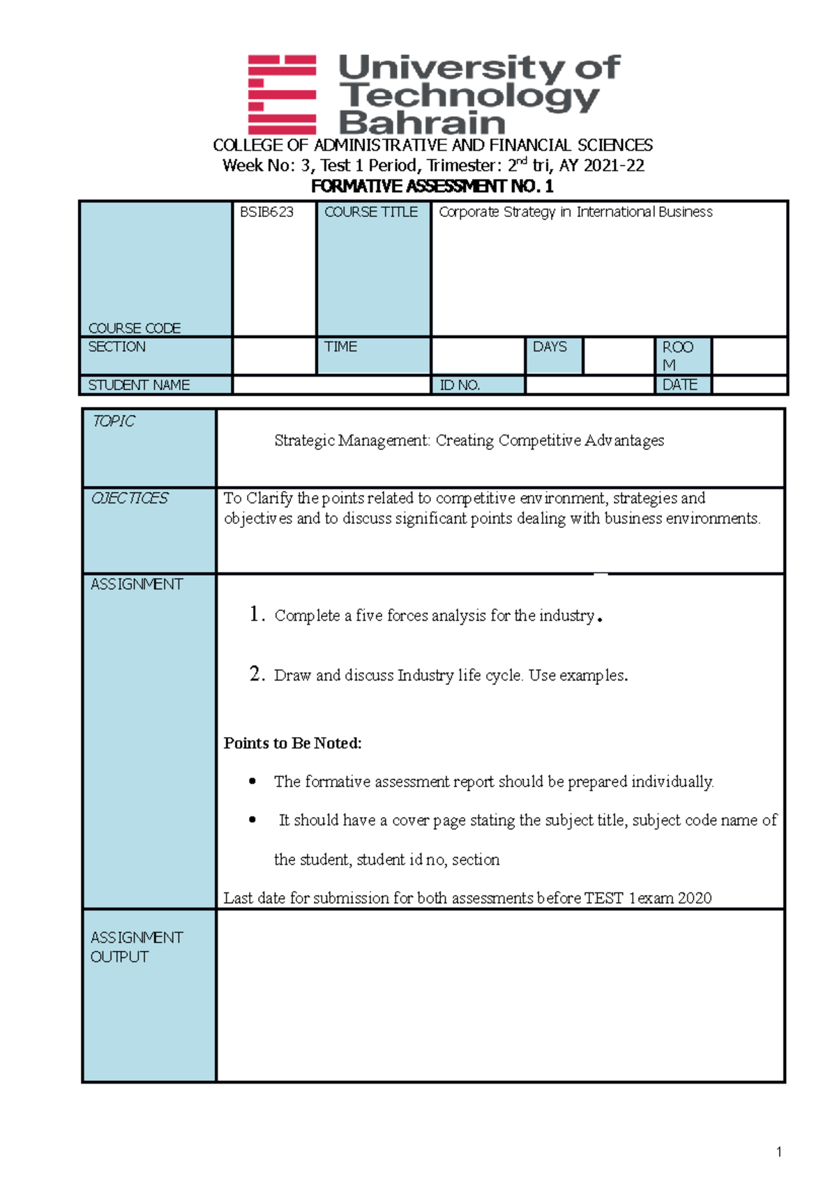Formative assessment 1 - Week No: 3, Test 1 Period, Trimester: 2nd tri ...