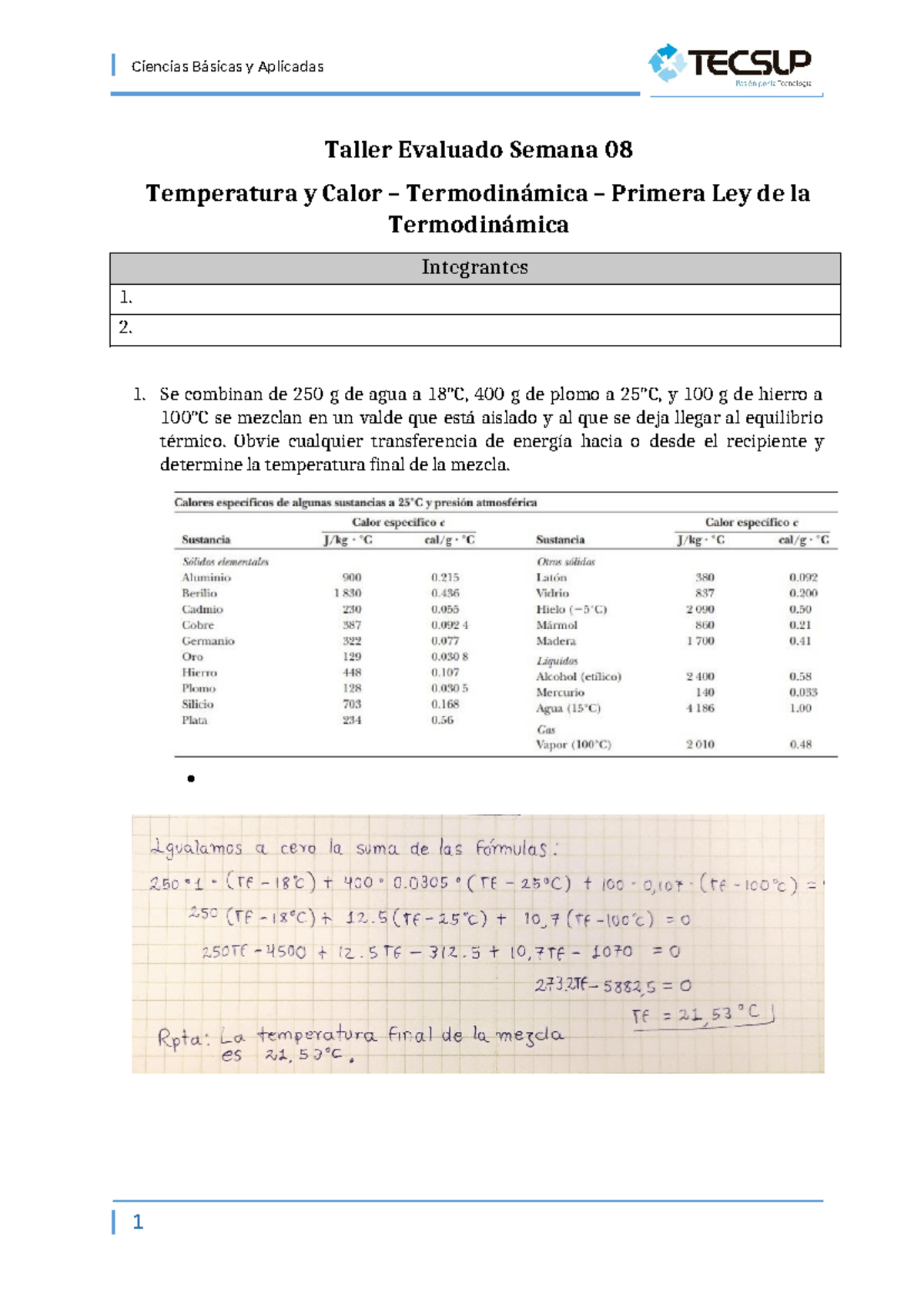 Tall EVA 02 - Taller Evaluado Semana 08 Temperatura y Calor – Termodinámica – Primera Ley de la ...