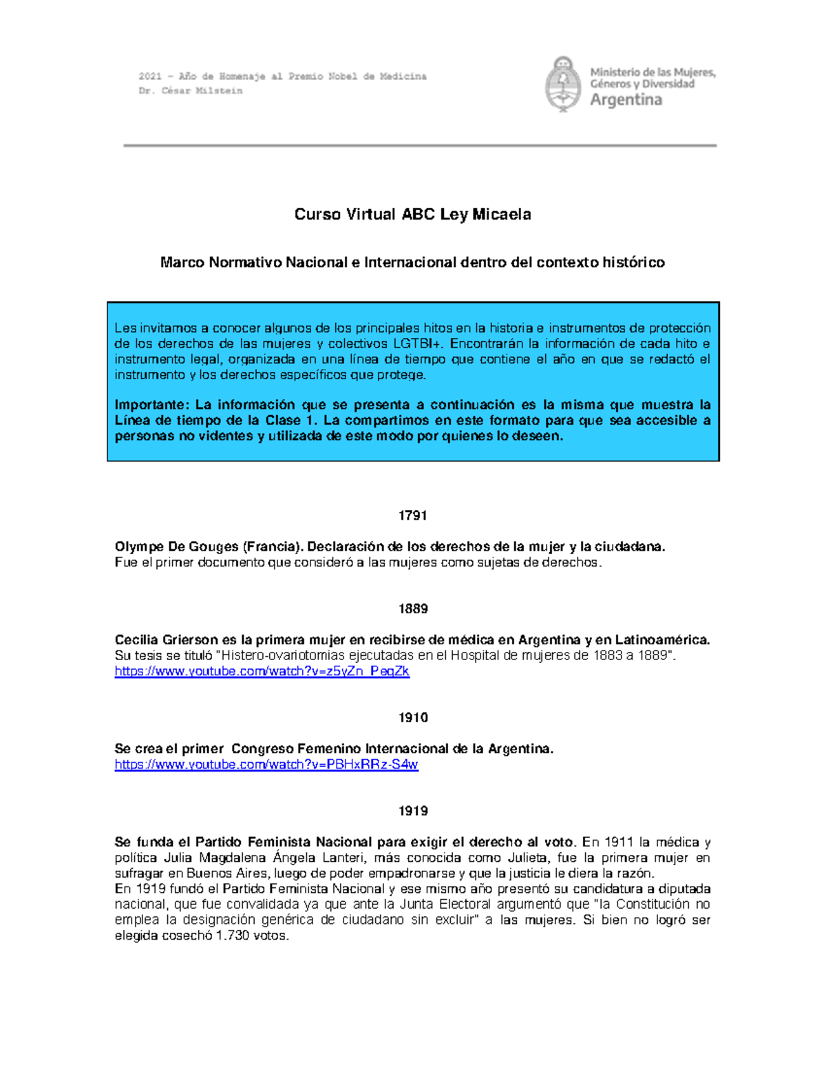 Línea del tiempo clase 1 en texto plano - Curso Virtual ABC Ley Micaela Marco Normativo Nacional ...